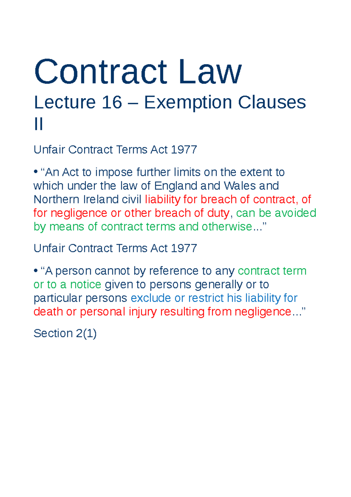 Contract Law Lecture 16 – Exemption Clauses II - Contract Law Lecture ...