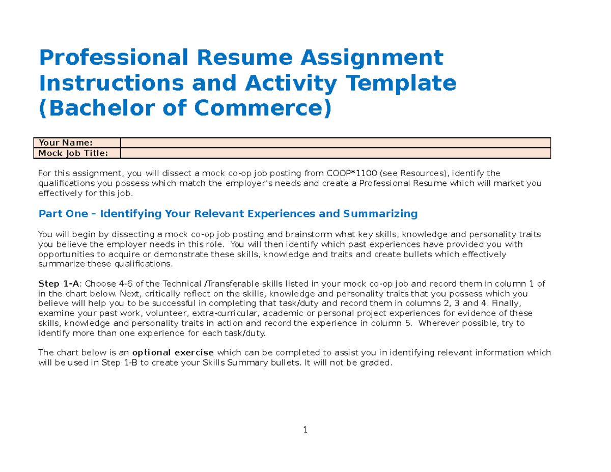 Professional Resume Assignment Instructions and Template Commerce ...