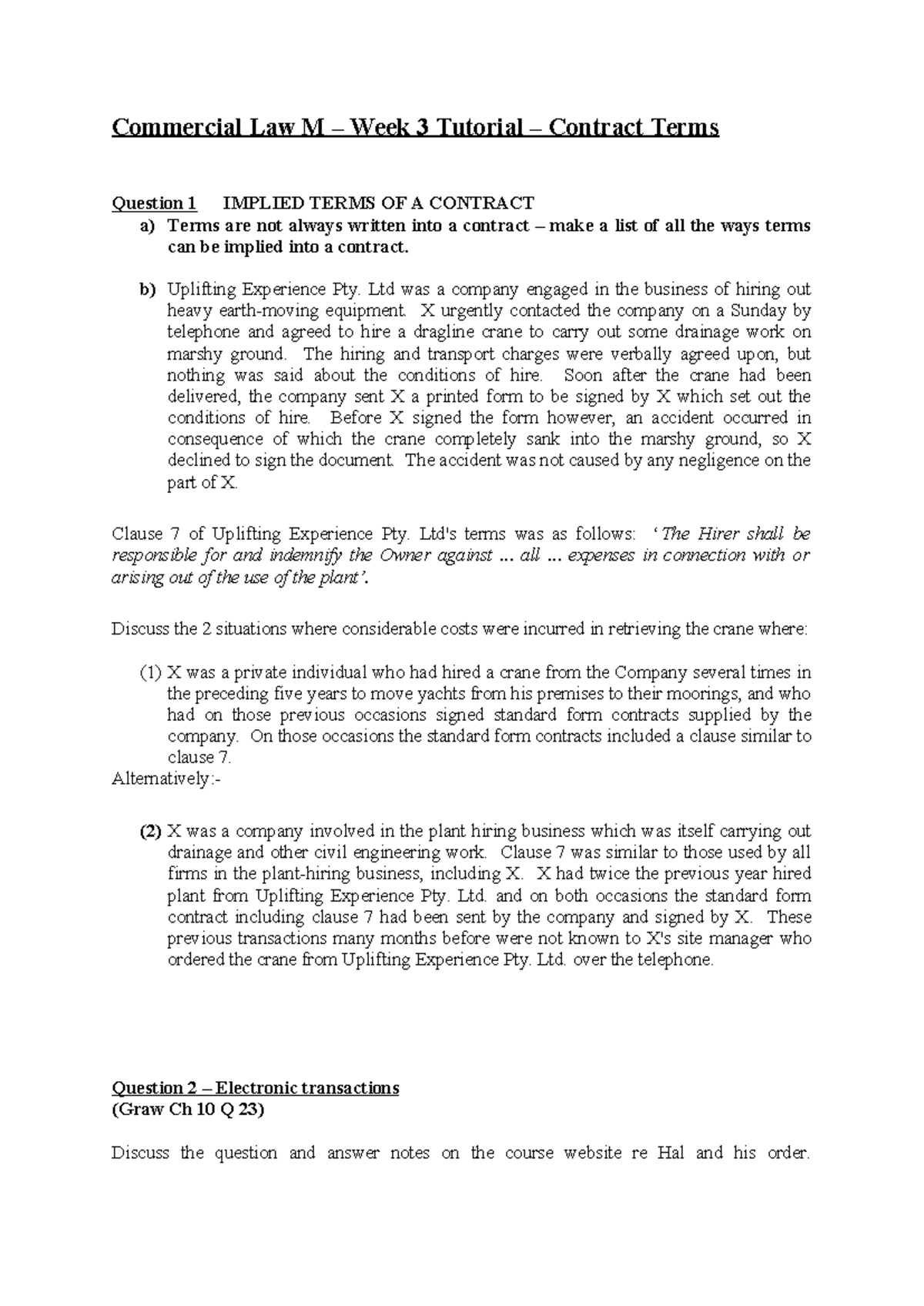 Commercial Law M Tutorial 3 Contract Terms - Commercial Law M – Week 3 Tutorial – Contract Terms ...