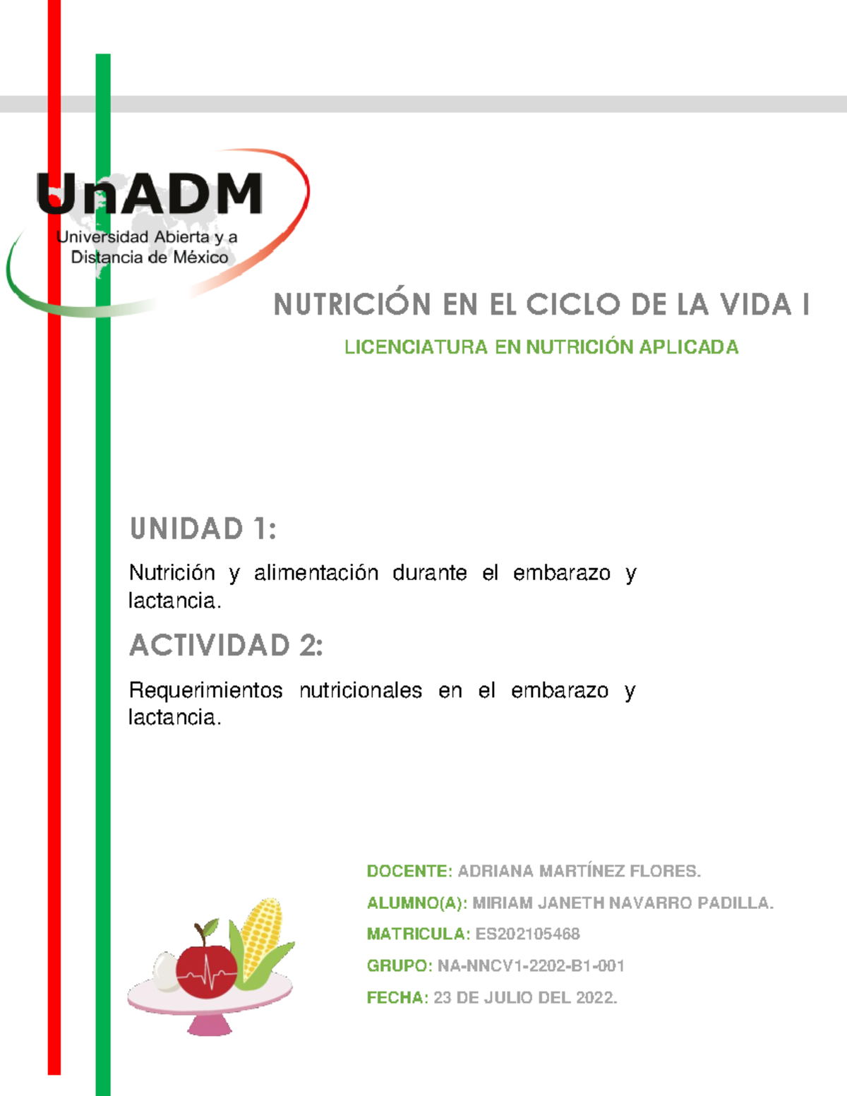 NCV1 U1 A2 MINP - NUTRICIÓN EN EL CICLO DE LA VIDA - NUTRICI”N EN EL CICLO DE LA VIDA I ...