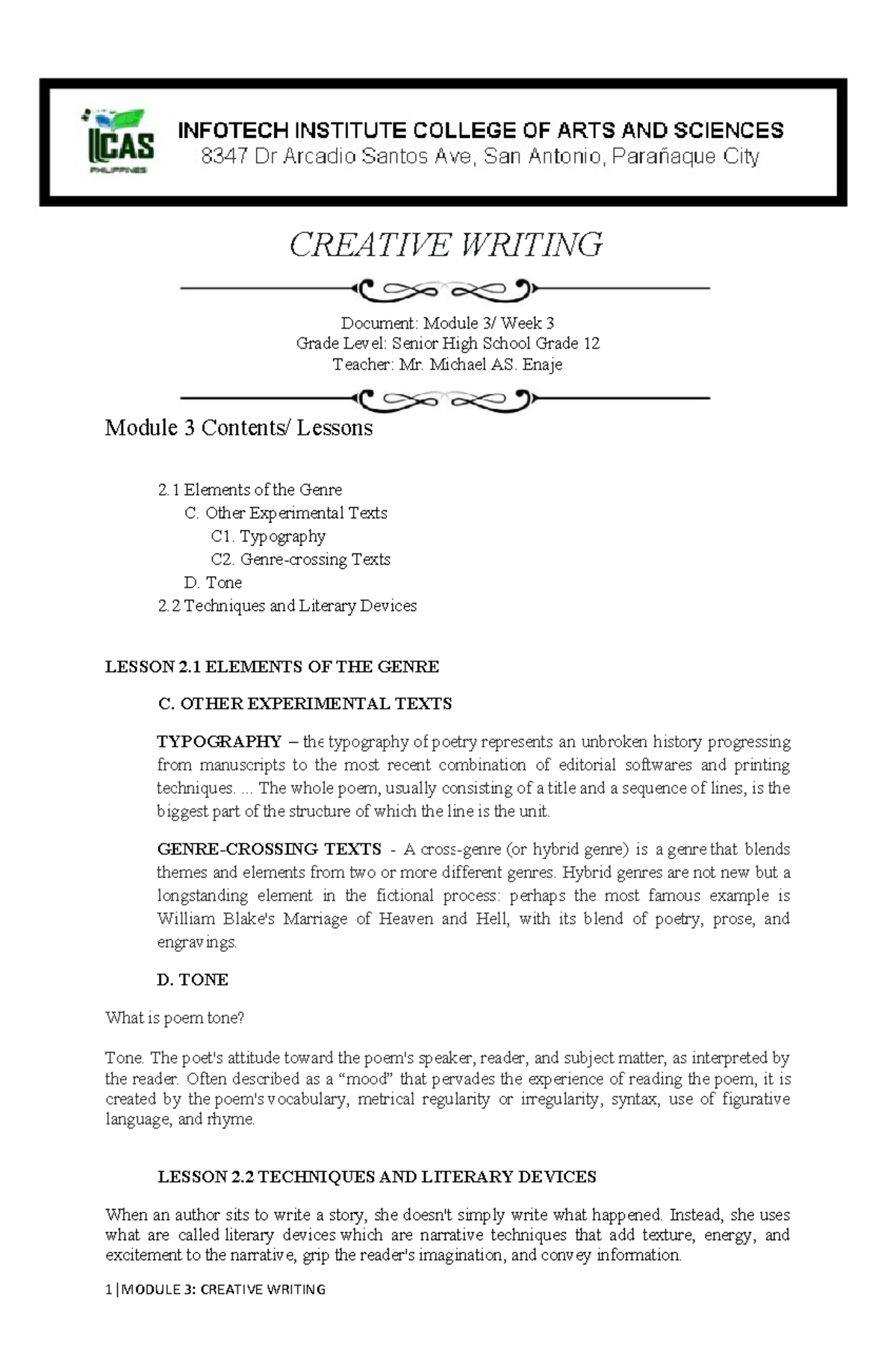 Pdfcoffee - Modeule for creative writing - CREATIVE WRITING Document: Module 3/ Week 3 Grade ...