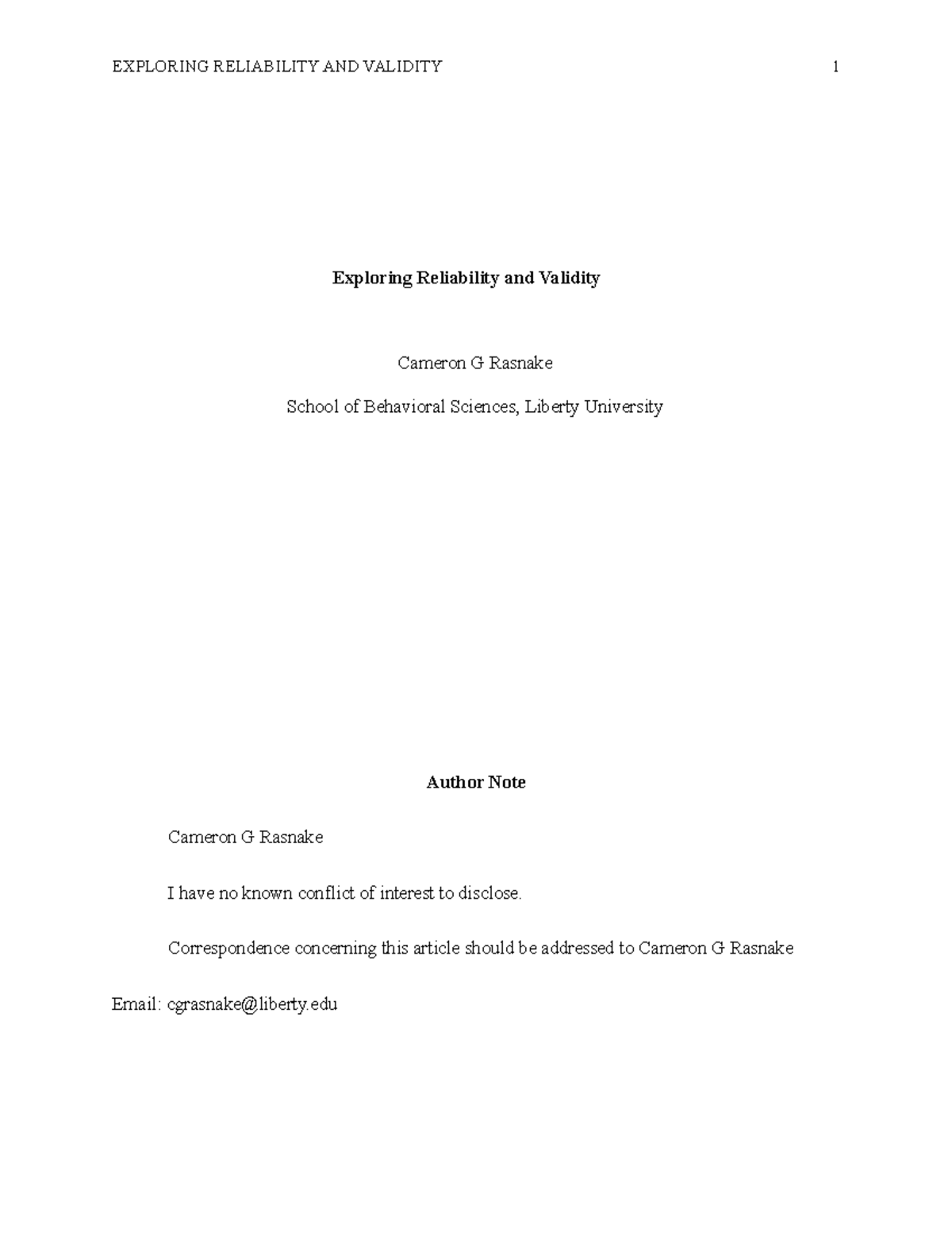 Reliability and validity - Exploring Reliability and Validity Cameron G Rasnake School of ...