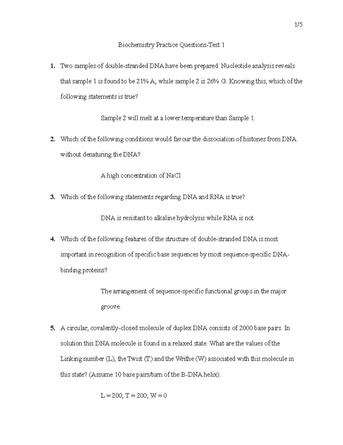Biochemistry Practice Questions-Test 1 - Biochemistry Practice 1 1. Two ...