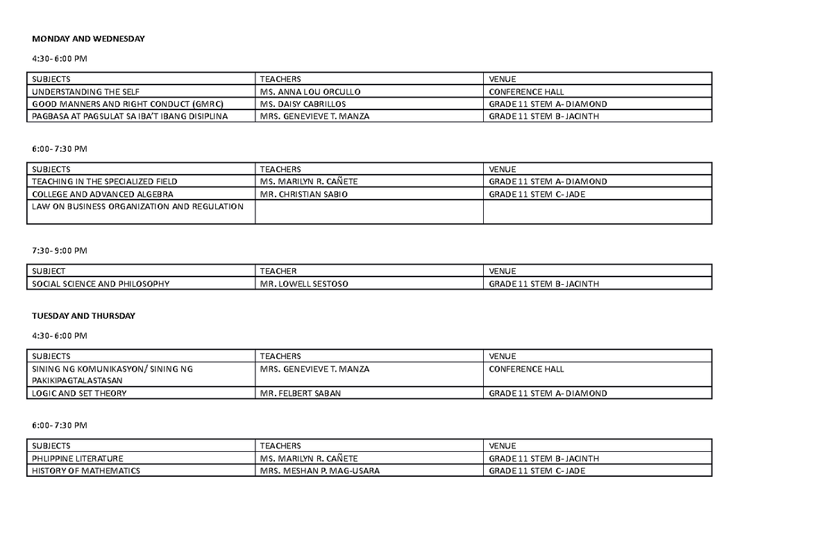 Plotting-college-schedule - MONDAY AND WEDNESDAY 4:30- 6:00 PM SUBJECTS ...