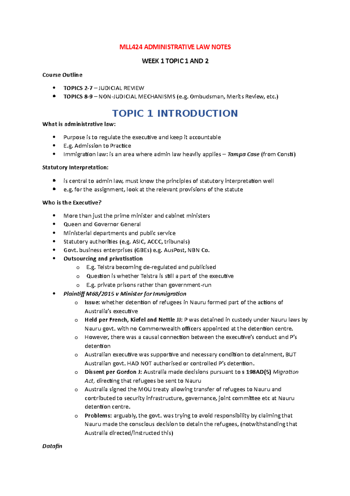 MLL424 Notes - MLL424 ADMINISTRATIVE LAW NOTES WEEK 1 TOPIC 1 AND 2 ...