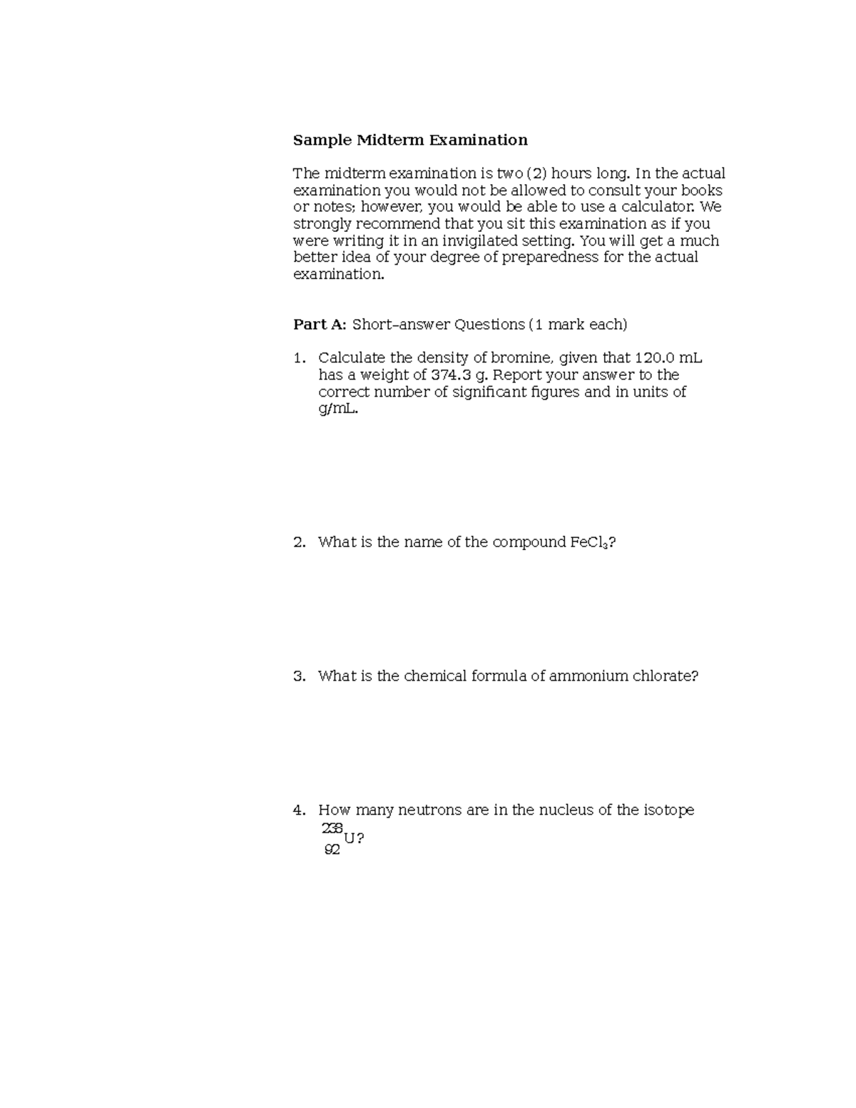 Sample midterm chem 217 - Sample Midterm Examination The midterm ...