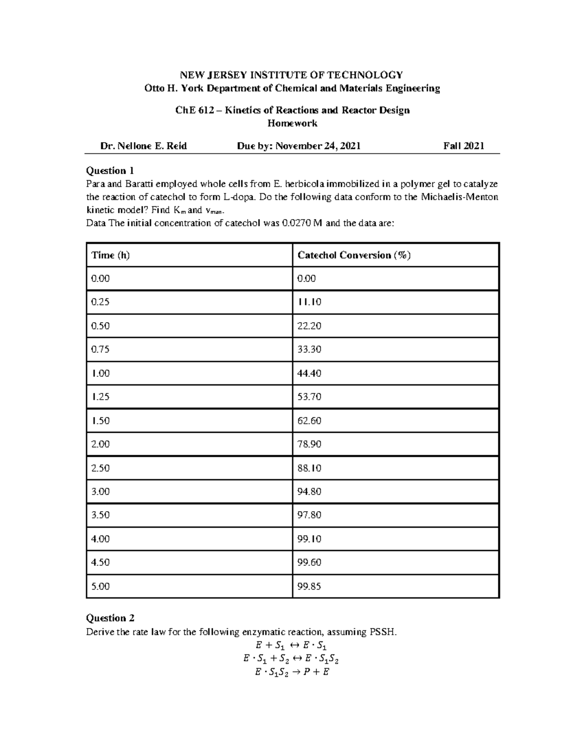 Ch E612 Hw5 Homework Assignment New Jersey Institute Of Technology Otto H York Department