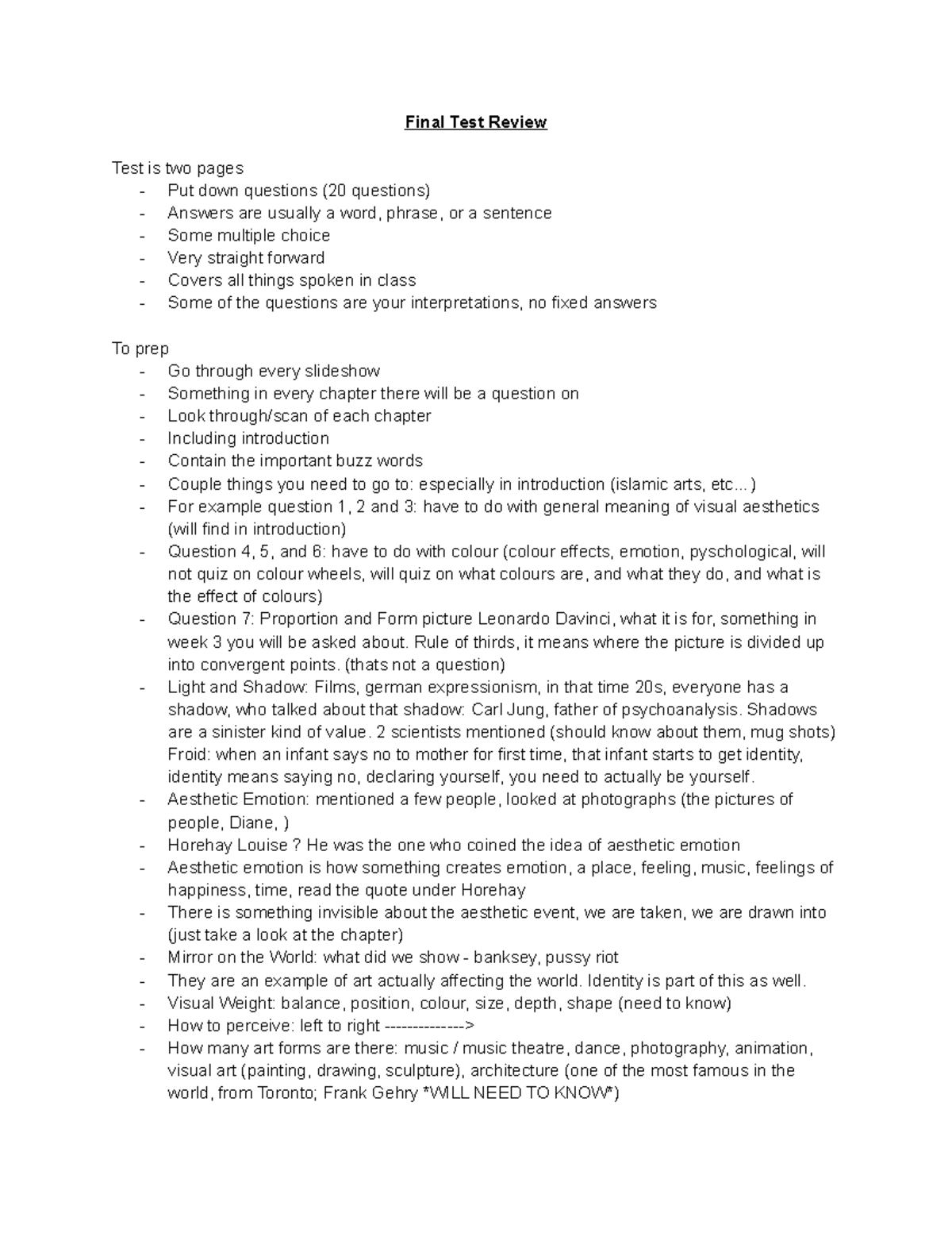 Final Test Review - Final Test Review Test is two pages - Put down ...