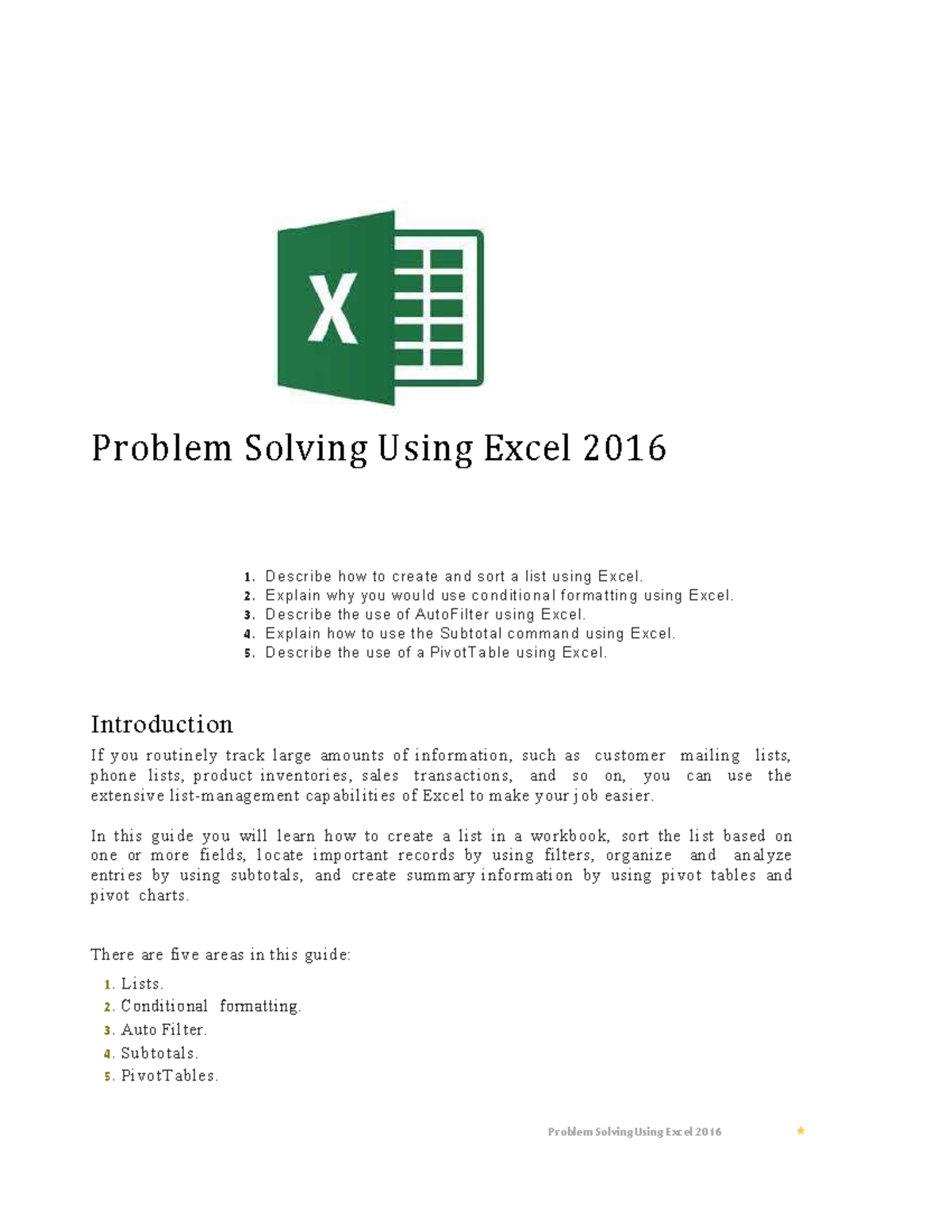 Excel Guide 2 - Problem Solving Using Excel 2016 * Problem Solving ...