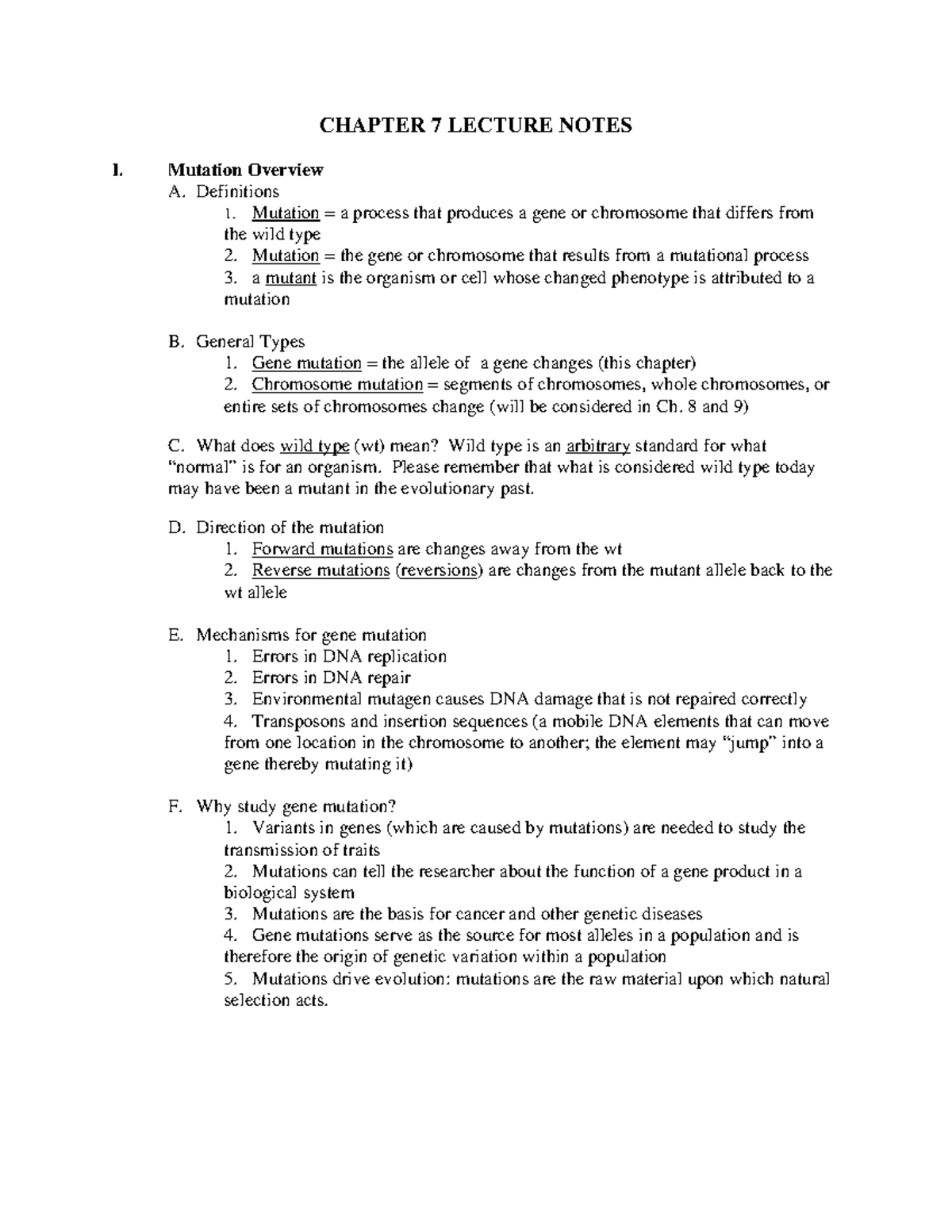 Chapter 7 - CHAPTER 7 LECTURE NOTES I. Mutation Overview A. Definitions ...
