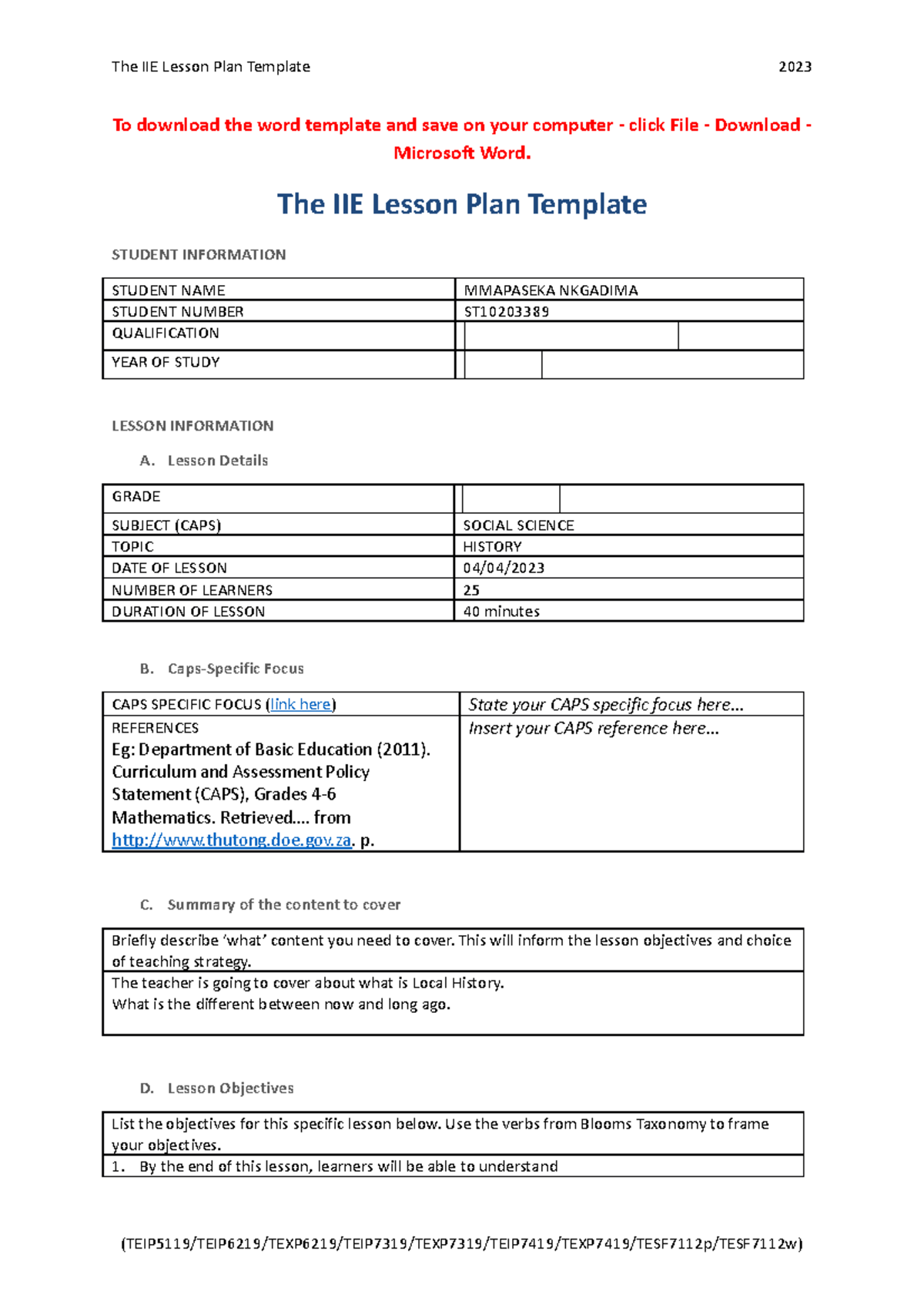 The IIE Lesson Plan Template - To download the word template and save ...