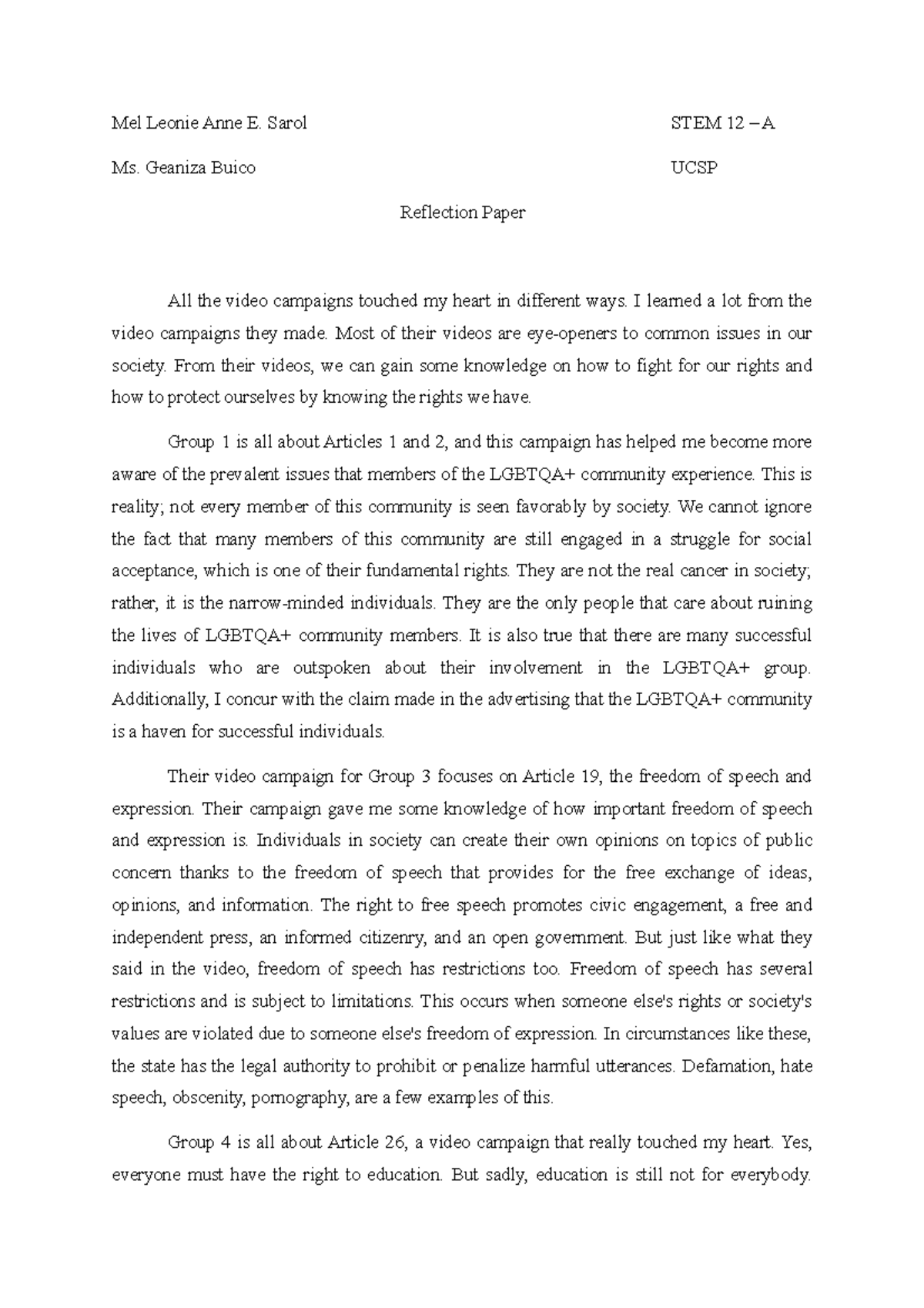 UCSP-Reflection-Paper - Mel Leonie Anne E. Sarol STEM 12 – A Ms ...