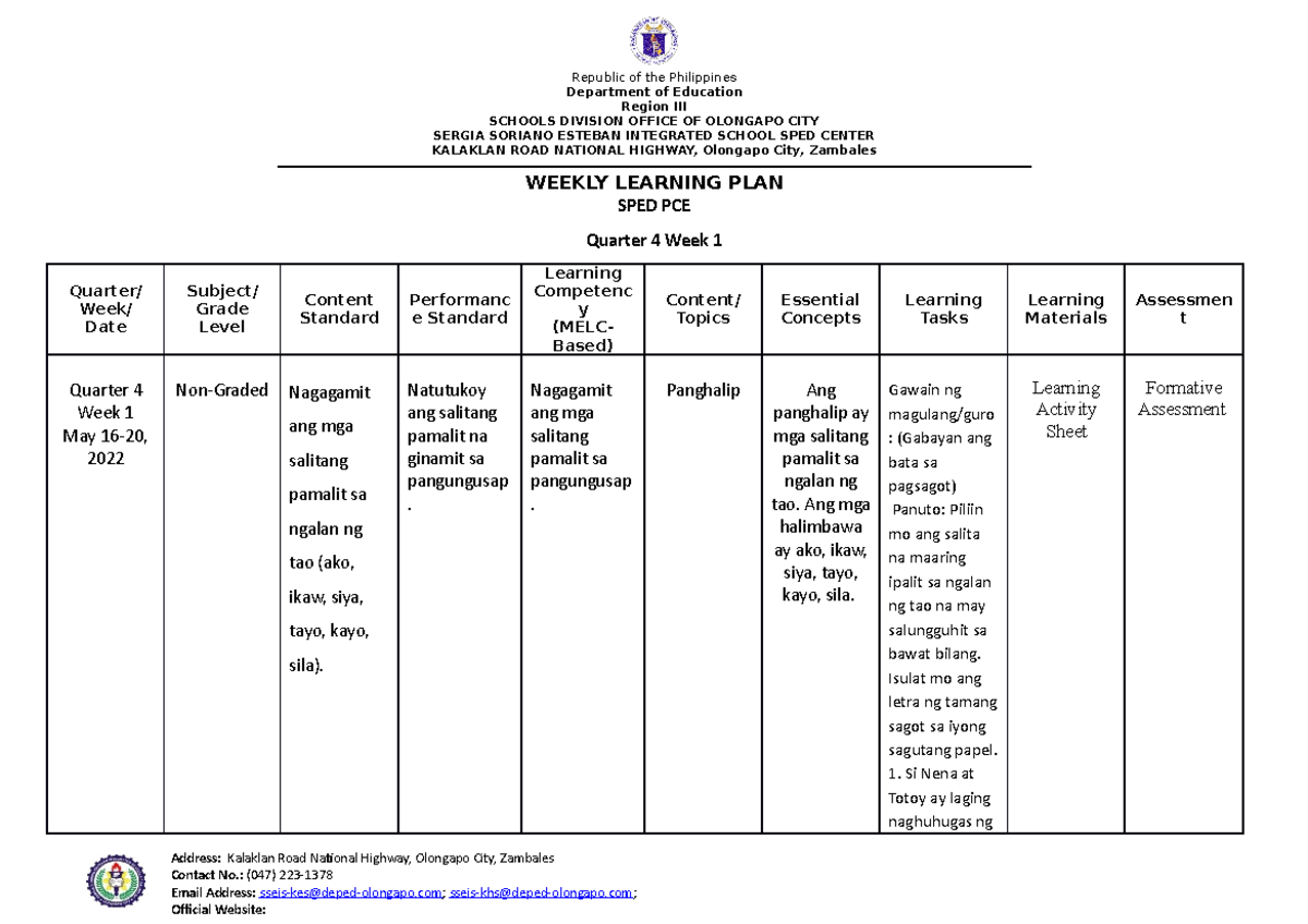Weekly Learning PLAN Q4 W1 - Department of Education Region III SCHOOLS DIVISION OFFICE OF ...