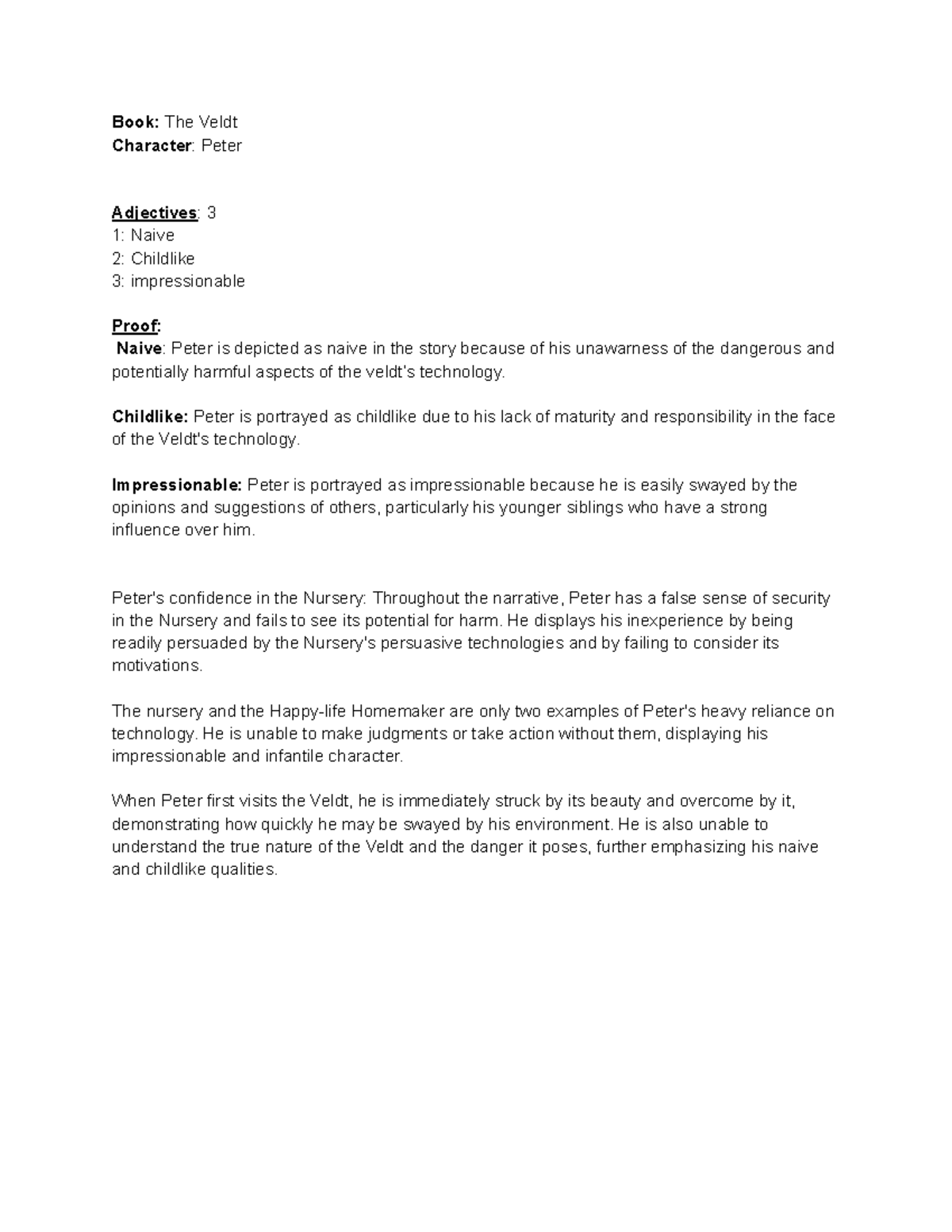 Unit 2 assignment 1 The Veldt - Book: The Veldt Character: Peter ...