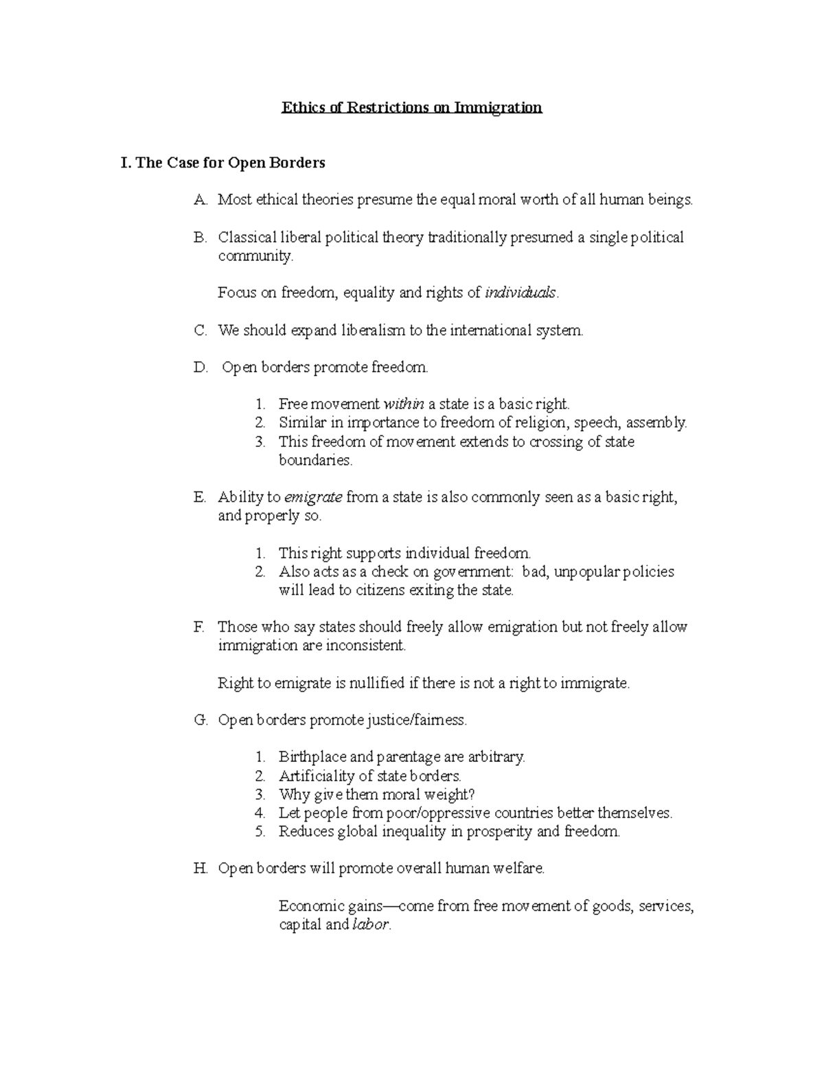 Ethics of Immigration - notes - Ethics of Restrictions on Immigration I ...