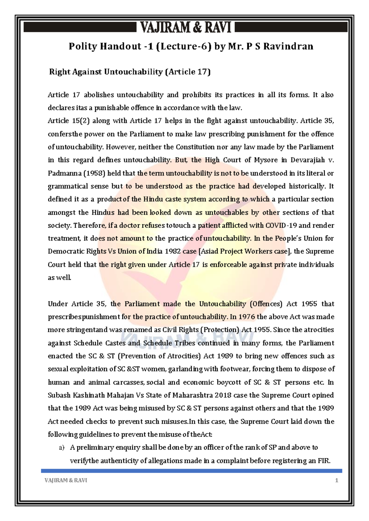 Polity Handout -1 (Lecture-6) PSR - Polity Handout - 1 (Lecture- 6 ) by Mr. P S Ravindran Right ...