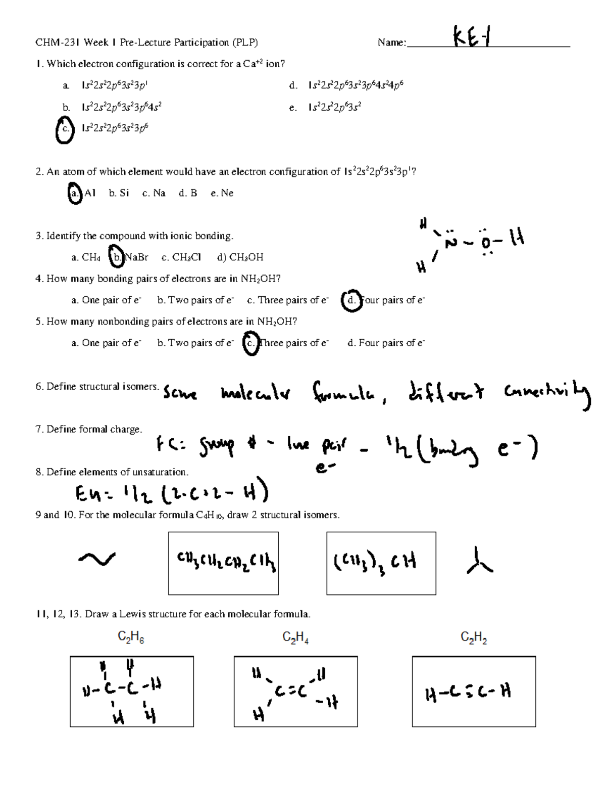 Week 1 PLP KEY - Pre-Lecture Practice - CHM-231 Week 1 Pre-Lecture ...