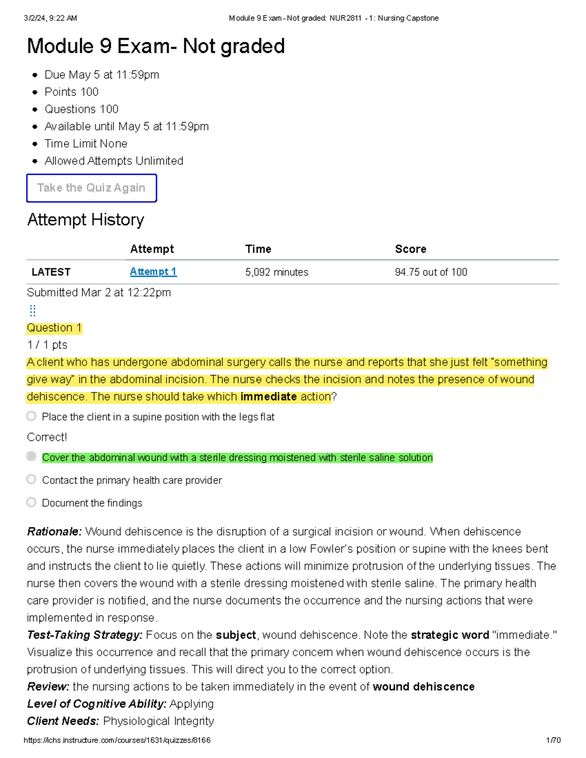 Capstone Module 9 Exam-Not graded - Module 9 Exam- Not graded Due May 5 at 11:59pm Points 100 ...
