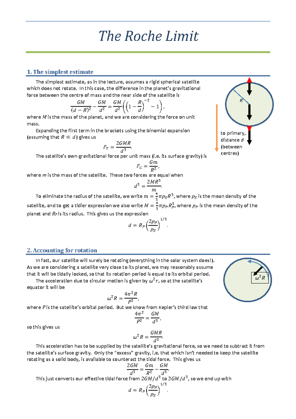 The Roche Limit - PHY106 The Solar System - The Roche Limit 1. The ...