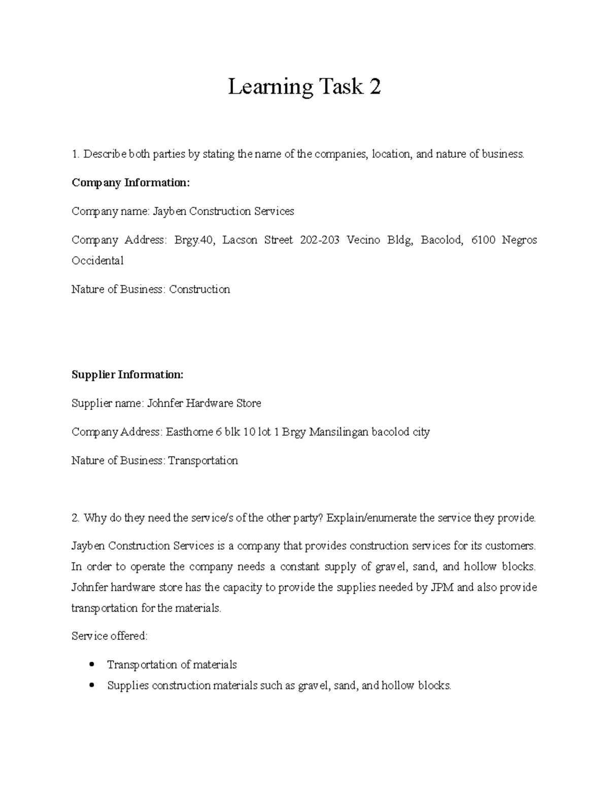 Learning task 2 group - N/A - Learning Task 2 Describe both parties by stating the name of the ...