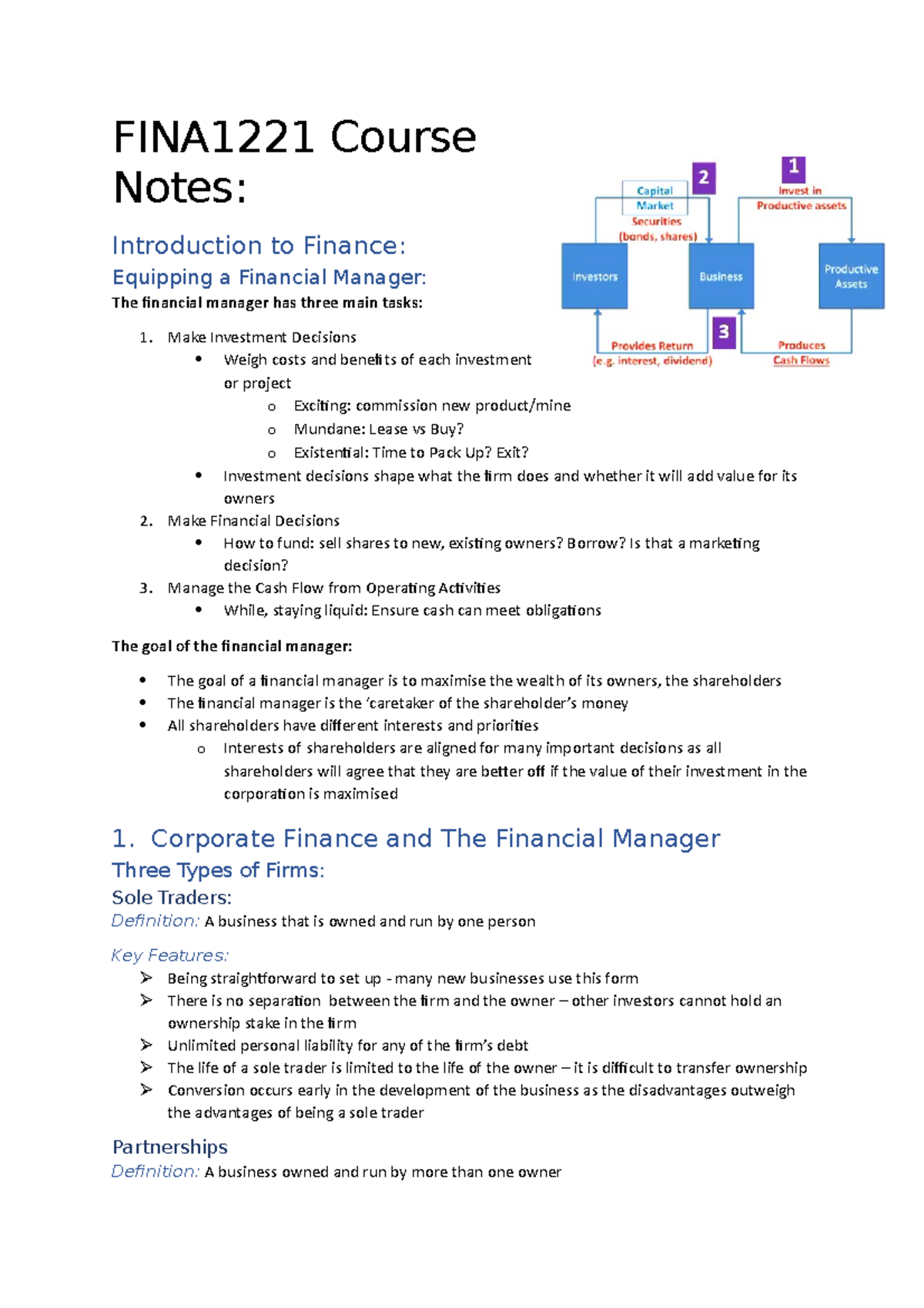 FINA1221 Course Notes - FINA1221 Course Notes: Introduction to Finance ...