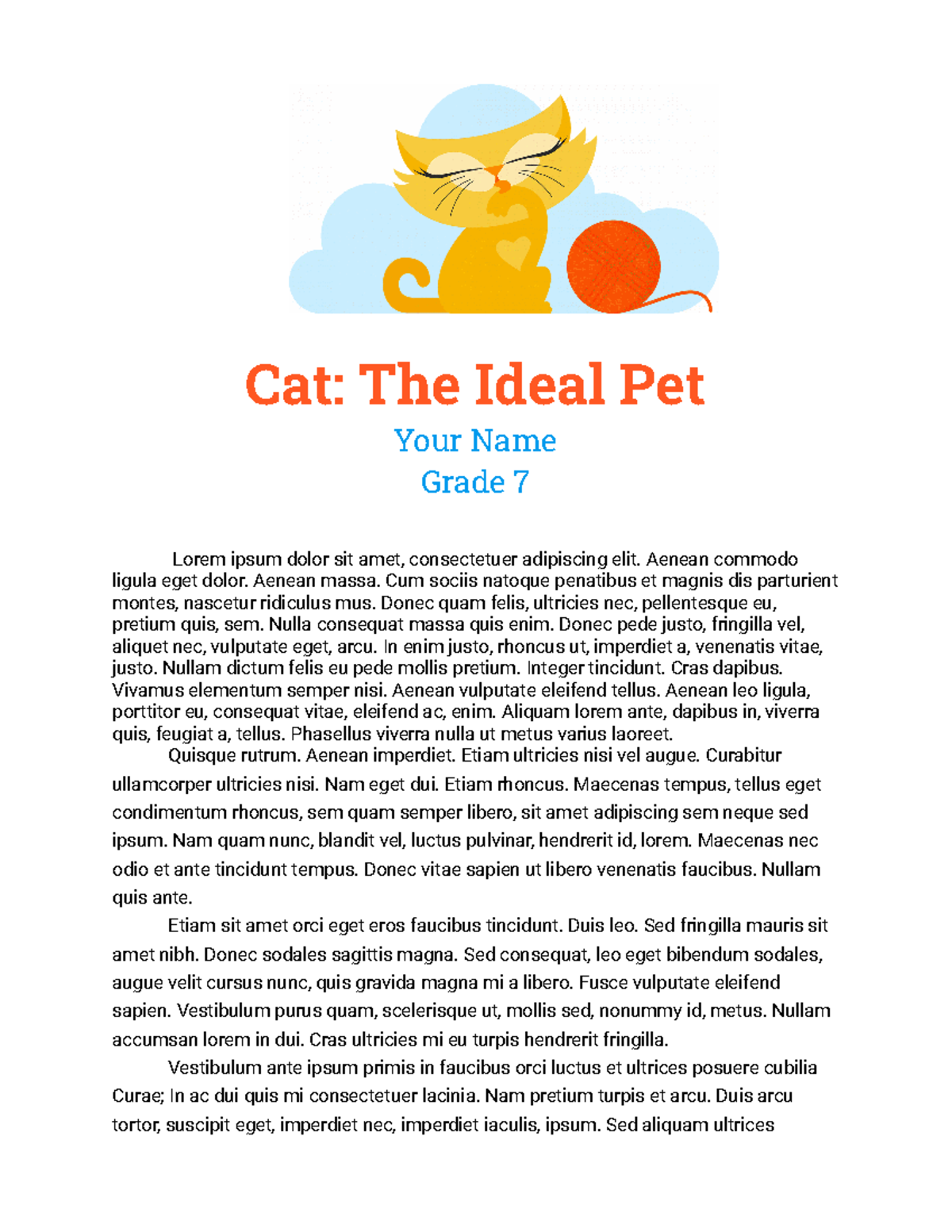 Essay - 107 - Cat: The Ideal Pet Your Name Grade 7 Lorem ipsum dolor ...