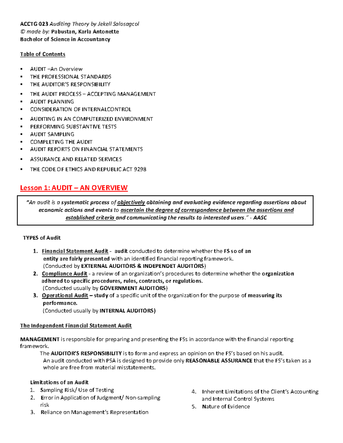Acctg 023 Auditing Theory by Jekell Salosagcol - ACCTGठ⃚023ठ⃚ - Studocu