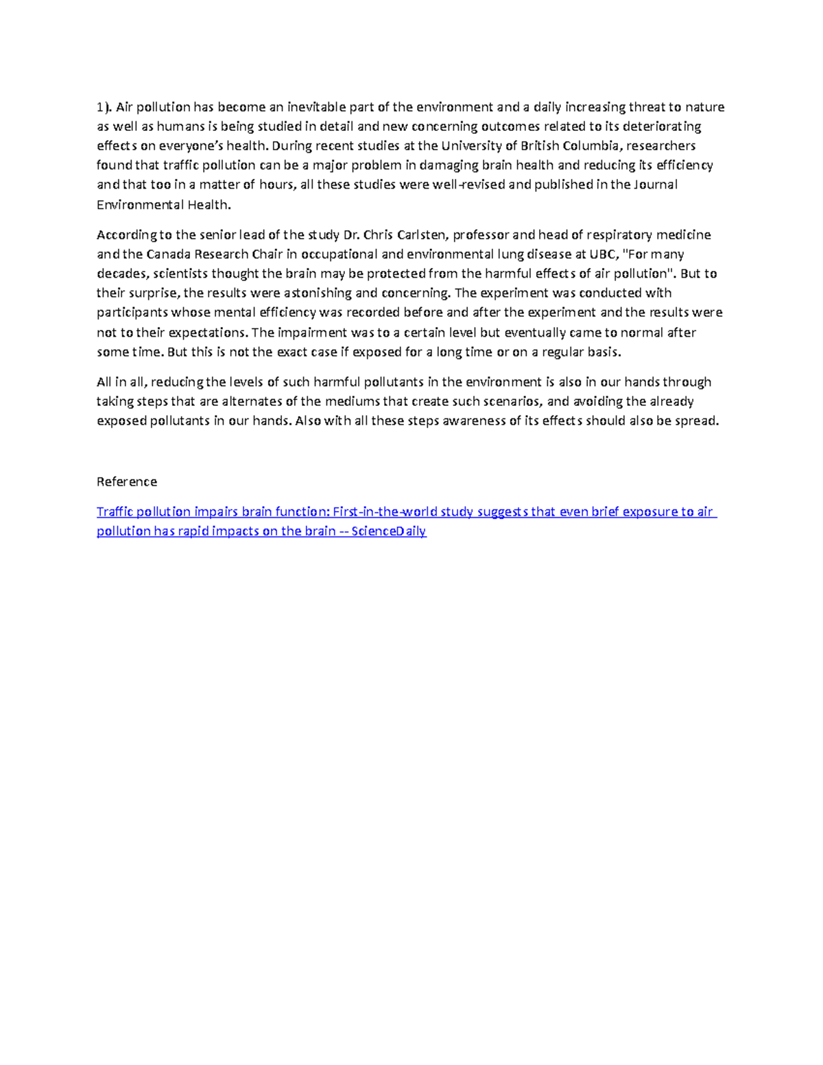 Summary Air Pollution Research And Analysis 1 Air Pollution Has