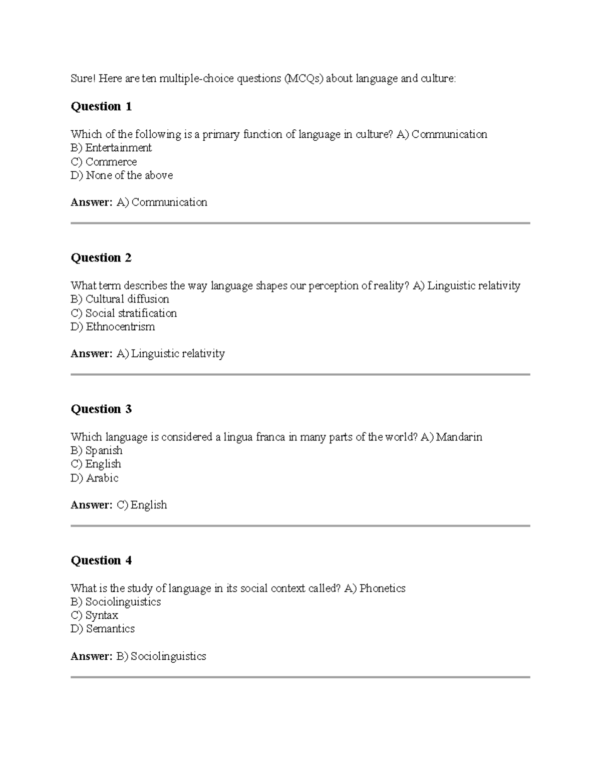 Mcqs about languahe and culture - Sure! Here are ten multiple-choice ...