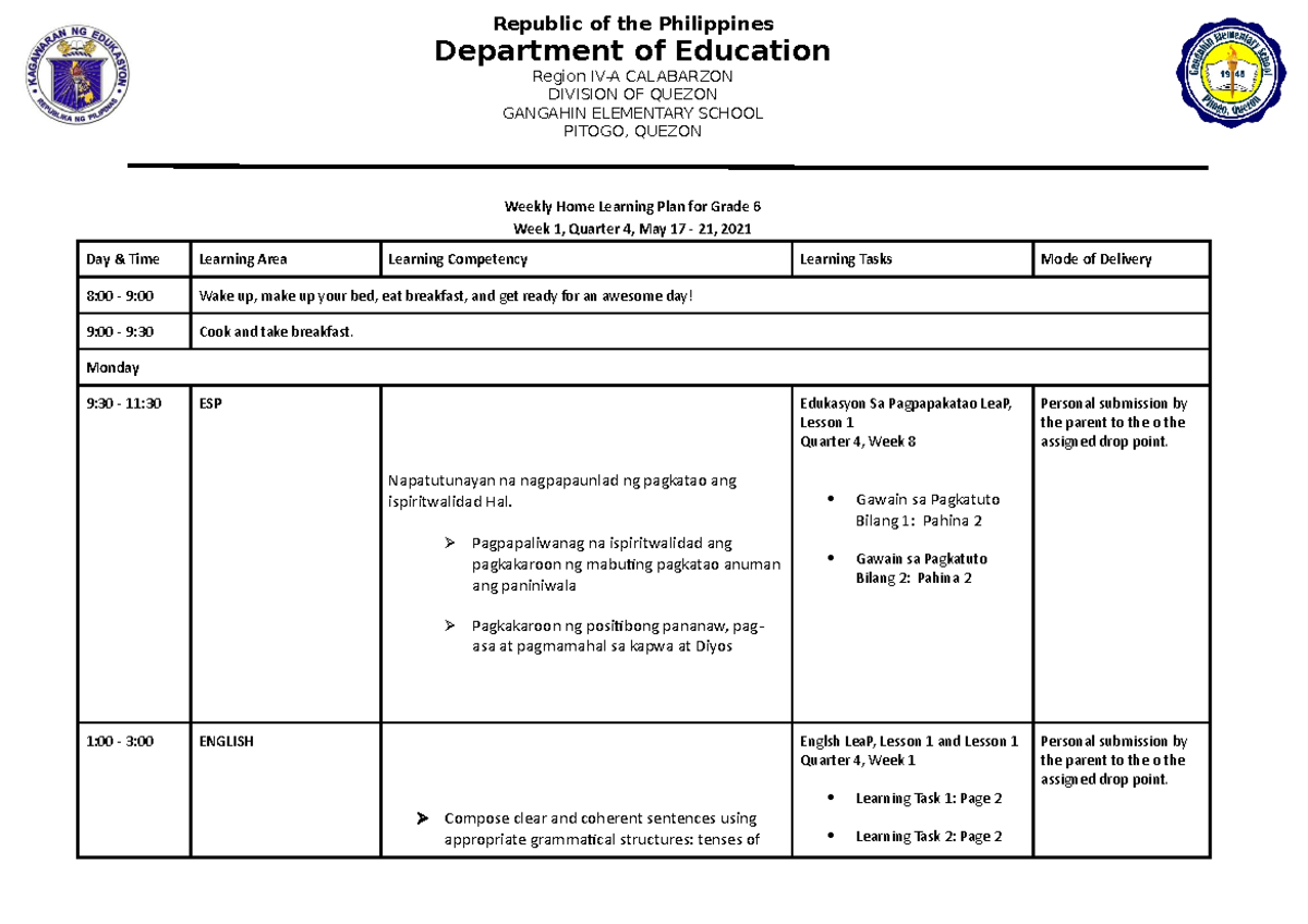 WHLP Grade 6 Q4 W1 - WEEKLY LEARNING PLAN - Weekly Home Learning Plan ...