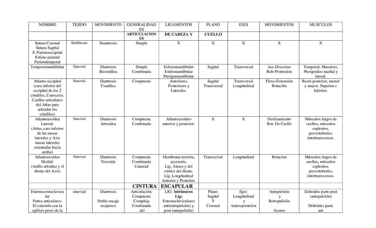 Articulaciones cuadro - NOMBRE TEJIDO MOVIMIENTO GENERALIDAD ES LIGAMENTOS PLANO EJES ...