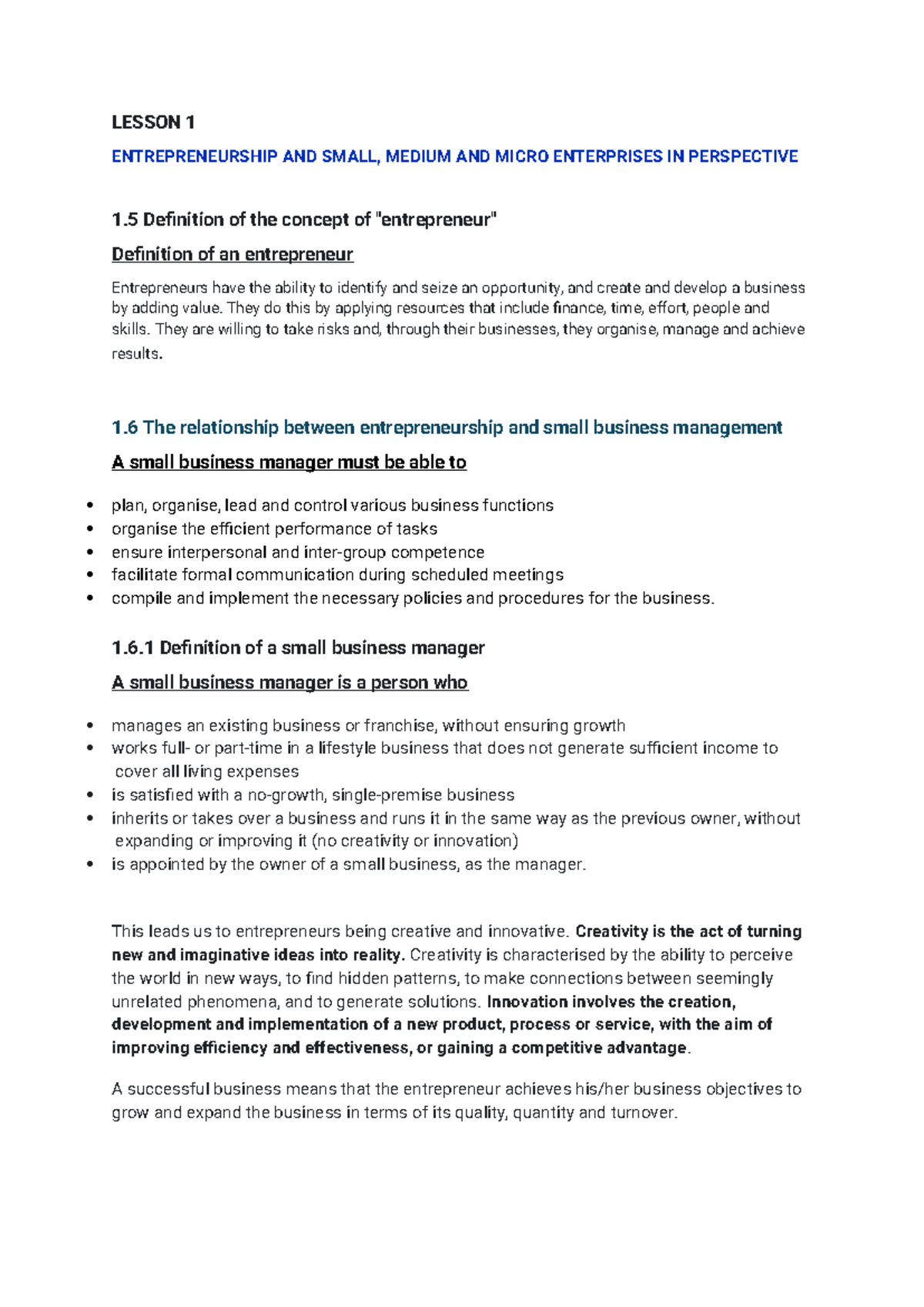 Document 1 - LESSON 1 NOTES - LESSON 1 ENTREPRENEURSHIP AND SMALL ...