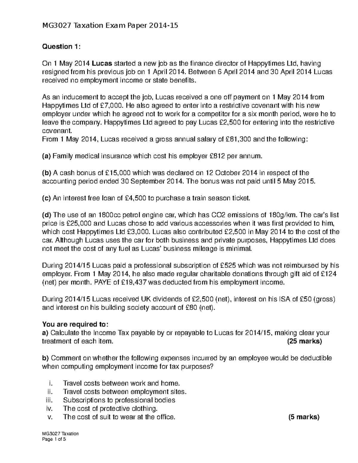 Final Exam May 2015, questions - MG3027 Taxation Exam Paper 2014-15 ...