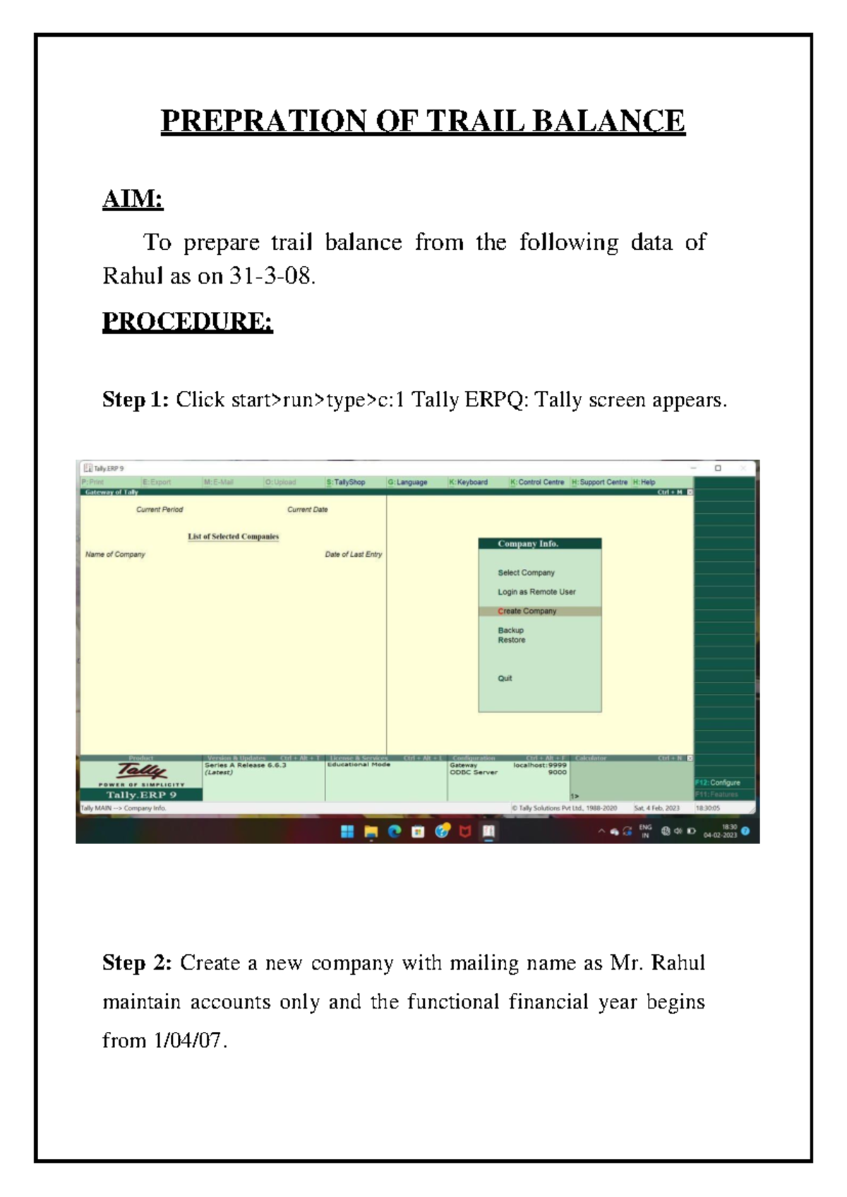 Accounts LAB - PREPRATION OF TRAIL BALANCE AIM: To prepare trail ...