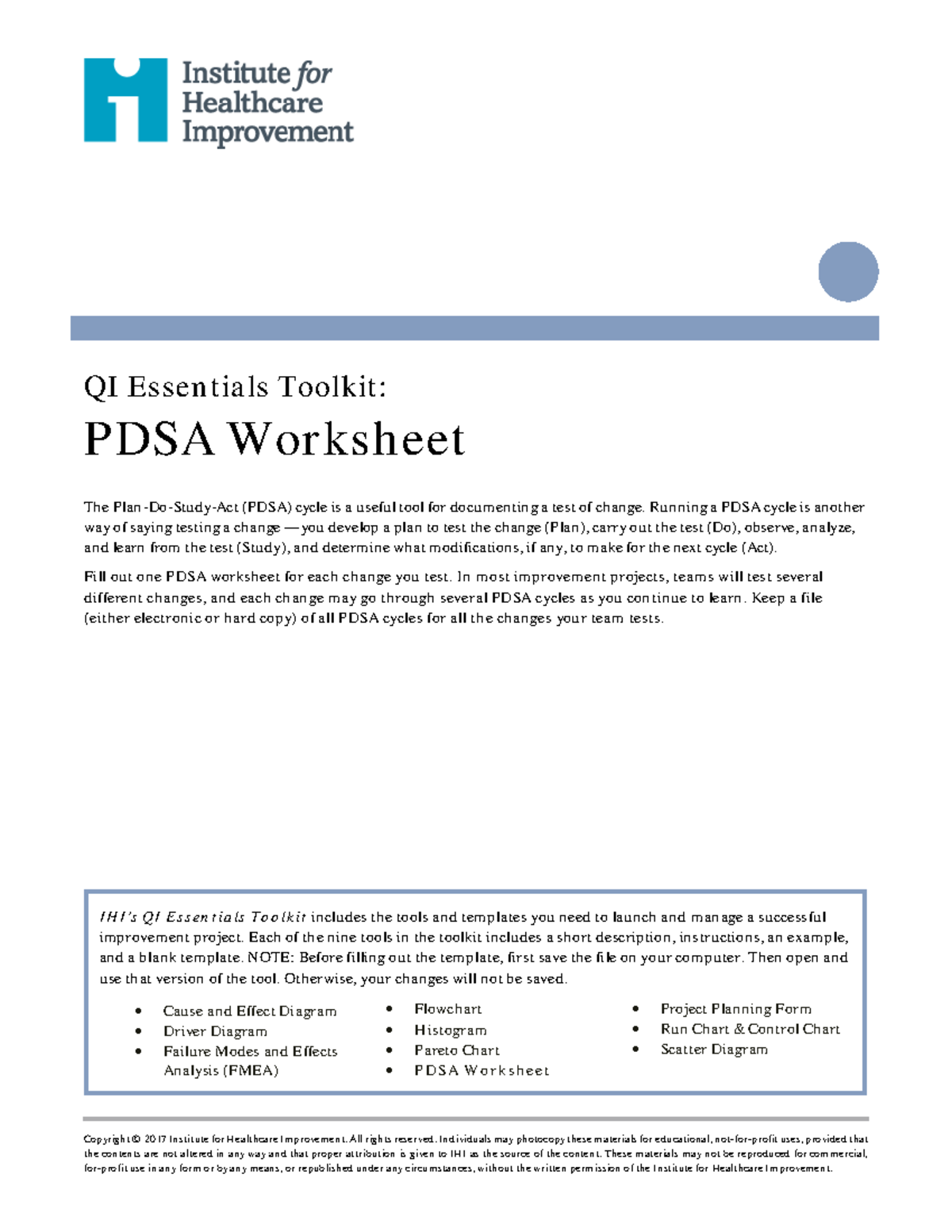 QIToolkit Pdsaworksheet - QI Essentials Toolkit: PDSA Worksheet The ...