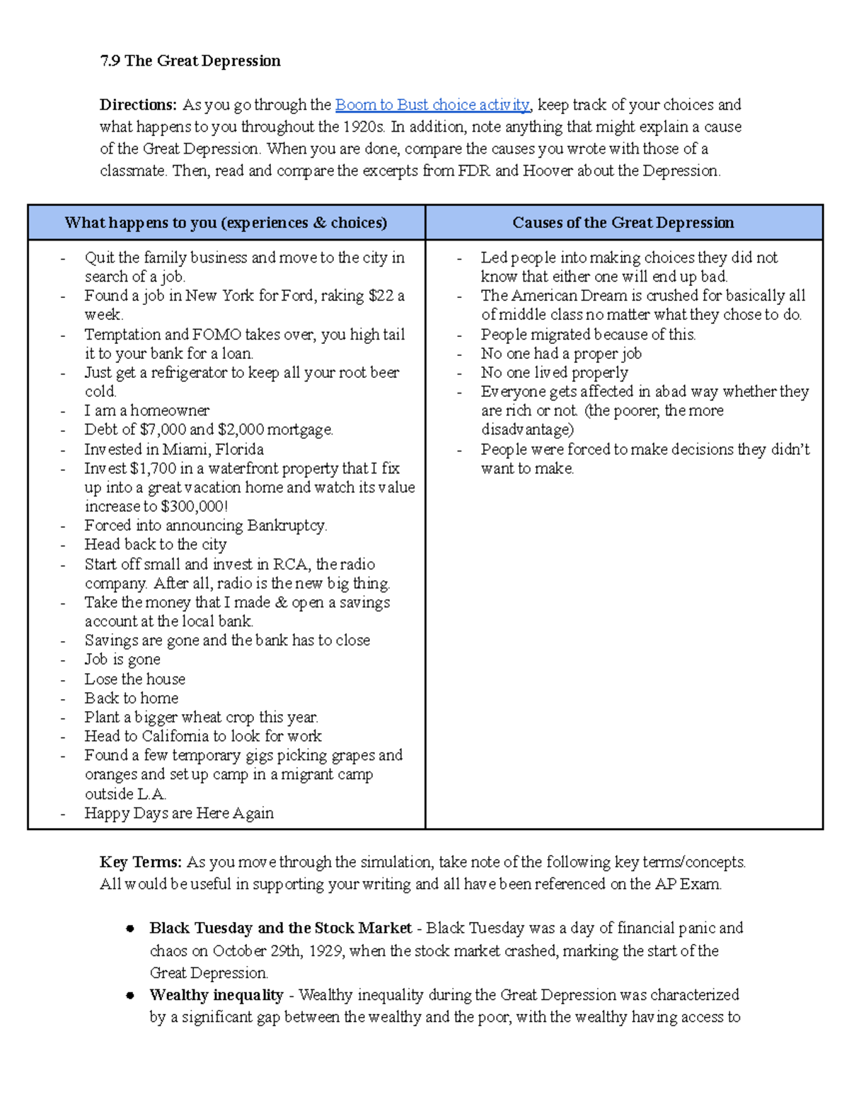 7.9 Boom to Bust - 7 The Great Depression Directions: As you go through ...