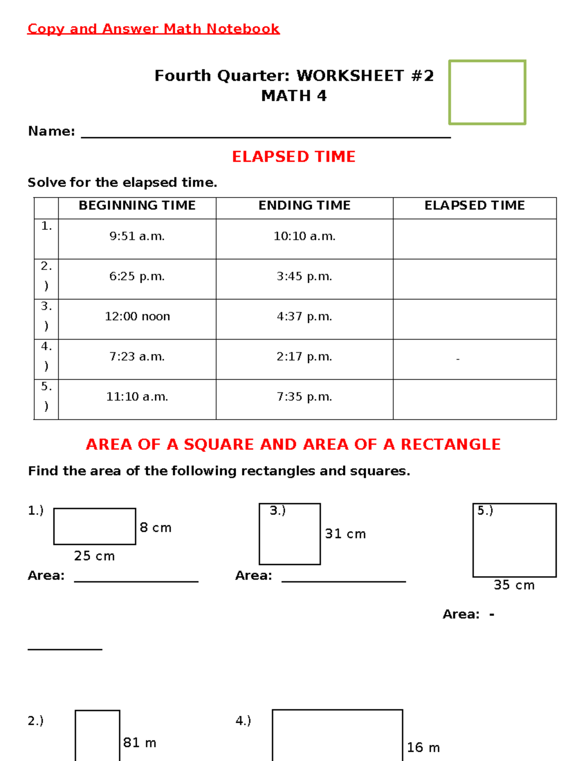 Math 4 Worksheet 2 April 25 - Copy and Answer Math Notebook Fourth ...