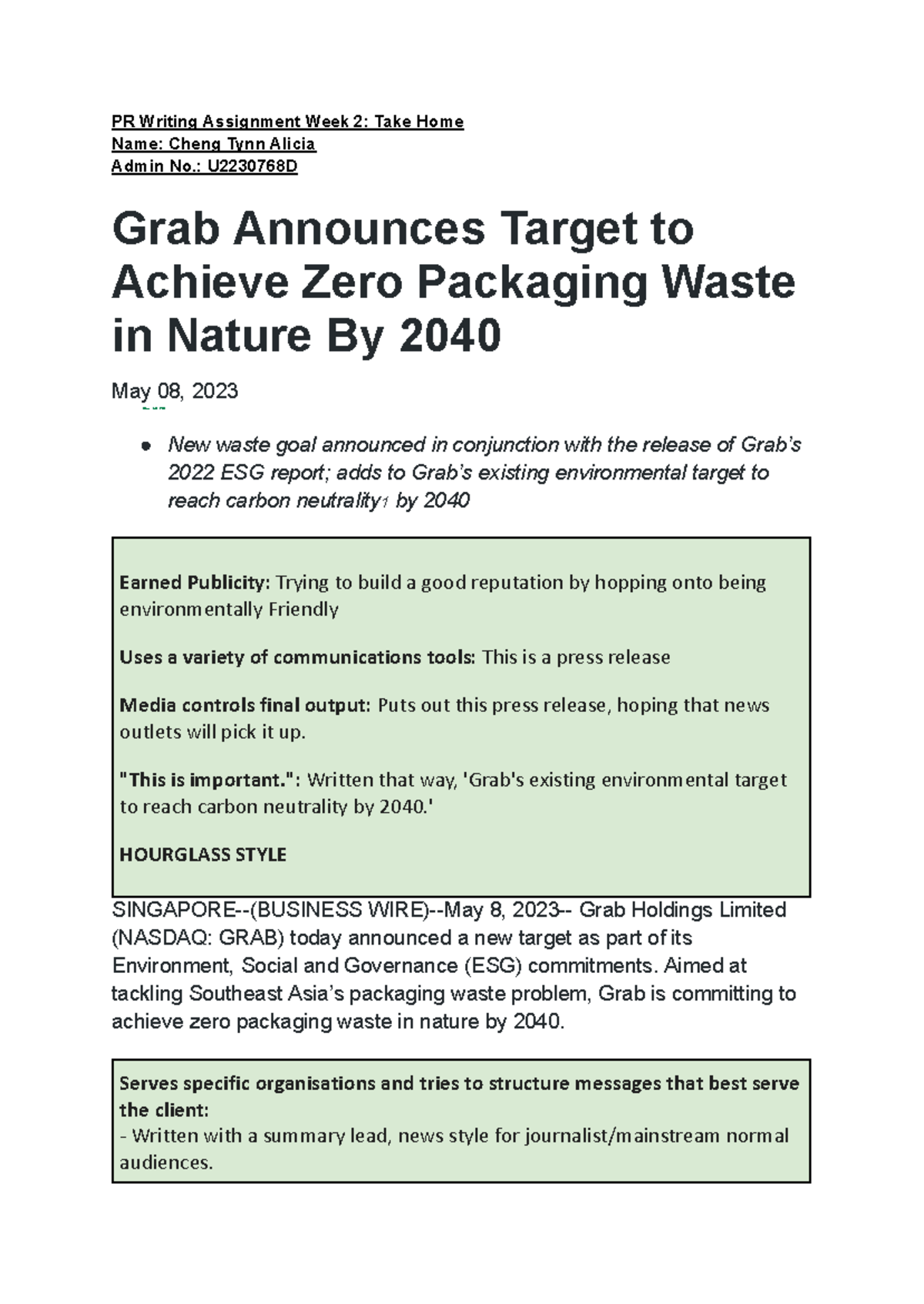 PR Writing Assignment Week 2 Take Home - : U2230768D Grab Announces ...