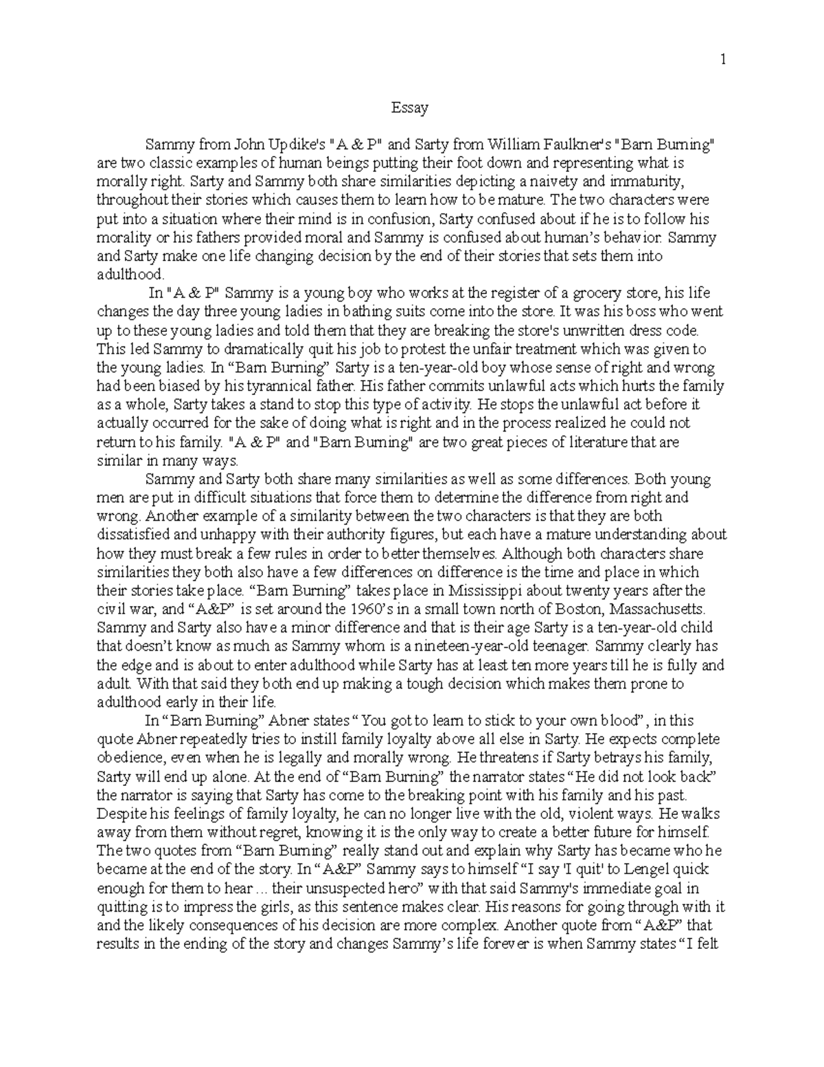 Essay - Grade: A - 1 Essay Sammy from John Updike's "A & P" and Sarty ...