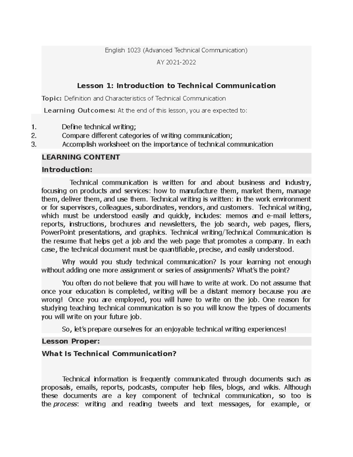 Advance technical communication week 1 and 2 1st semester - English ...