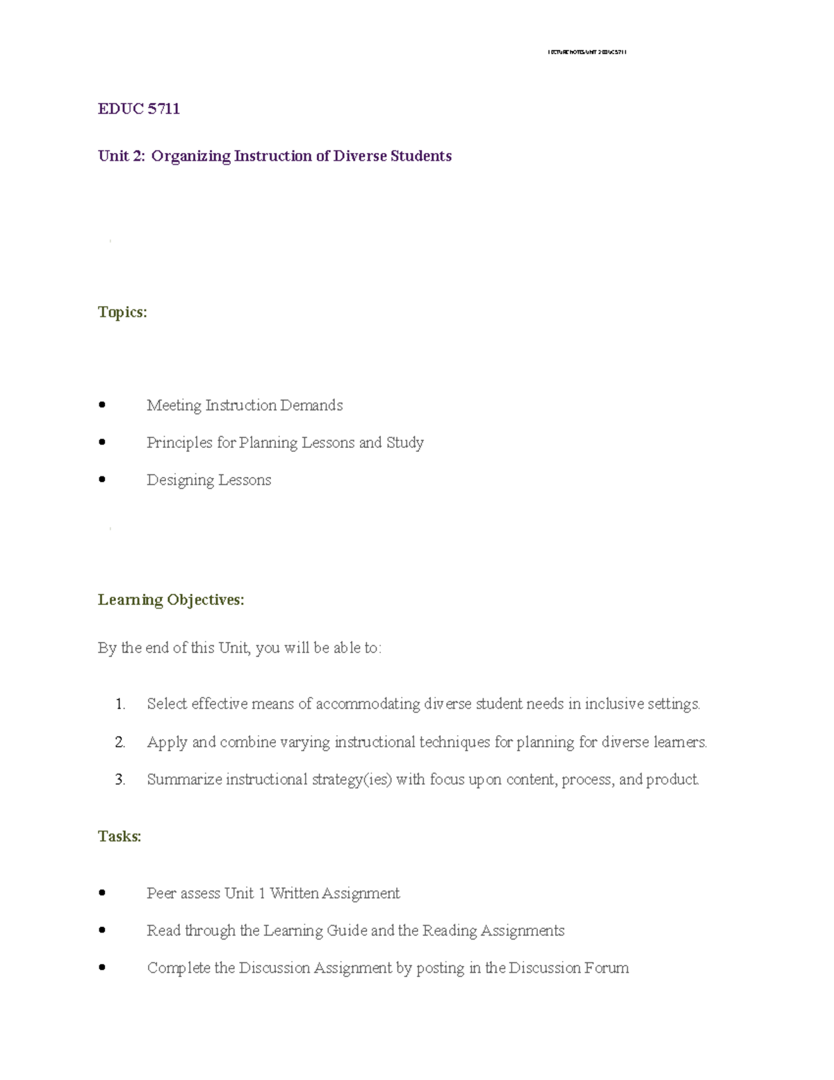 Lecture Notes UNIT 2 EDUC 5711 - EDUC 5711 Unit 2: Organizing ...