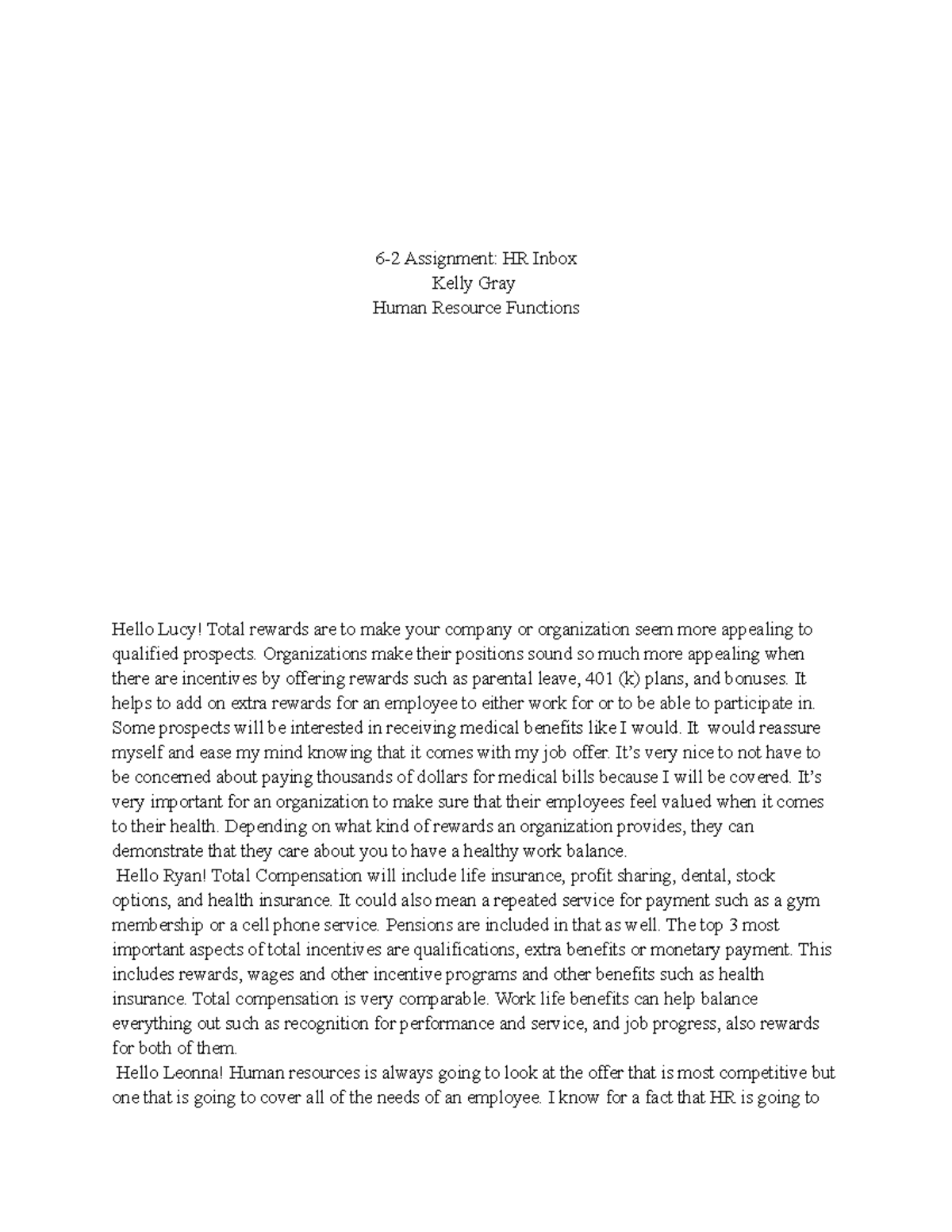 6-2 Assignment HR Inbox Final - 6-2 Assignment: HR Inbox Kelly Gray Human Resource Functions ...