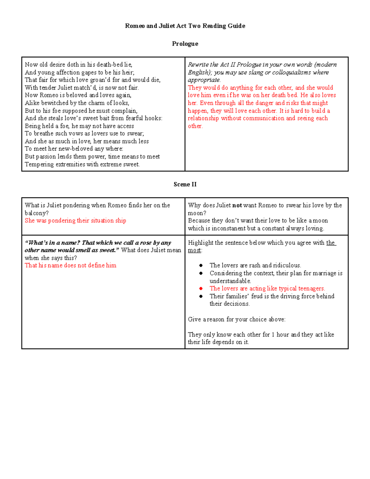 Romeo and Juliet Act Two Reading Guide (Repaired) - Romeo and Juliet ...