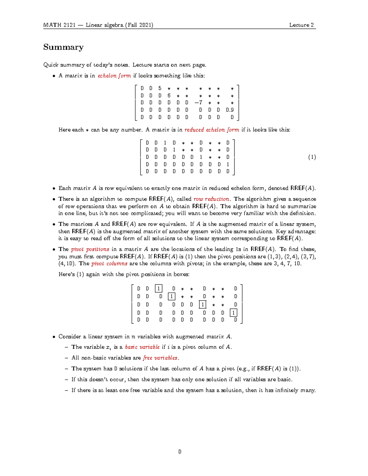 Row Reduction To Echelon Form Lecture 2 Summary Quick Summary Of Todays Notes Lecture
