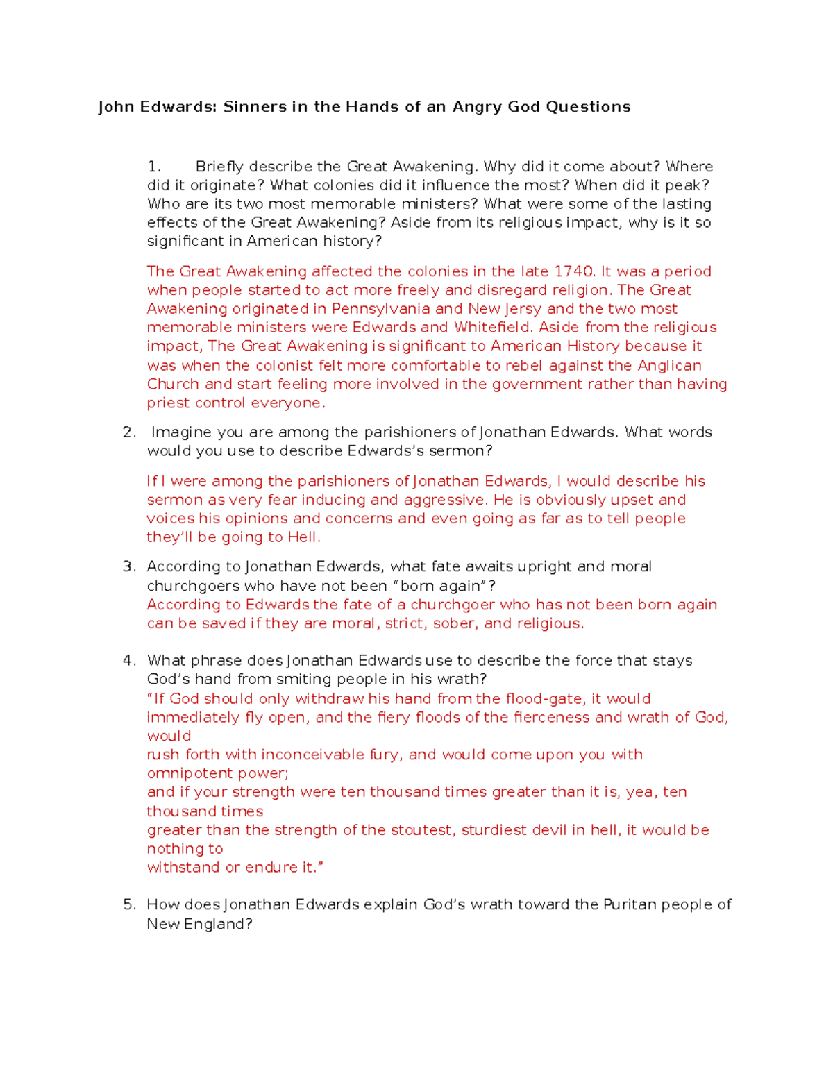 John Edwards Sermon Questions - John Edwards: Sinners in the Hands of ...