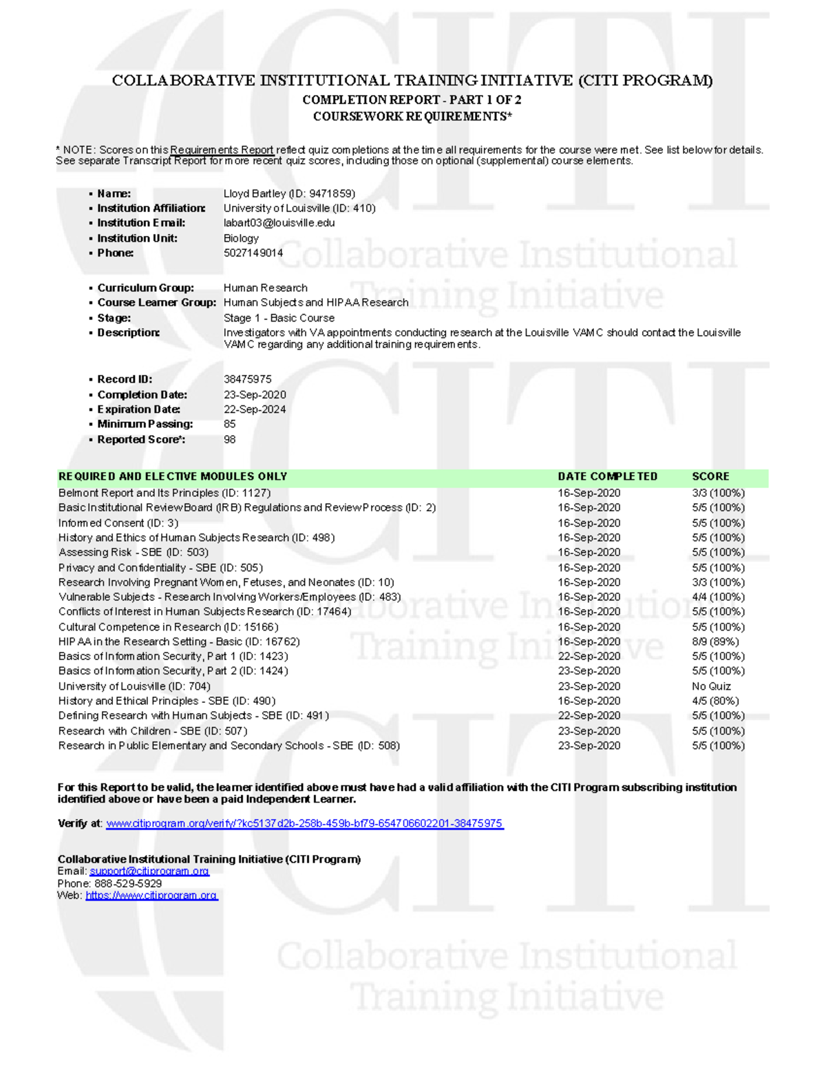 Citi complettion report - COLLABORATIVE INSTITUTIONAL TRAINING ...