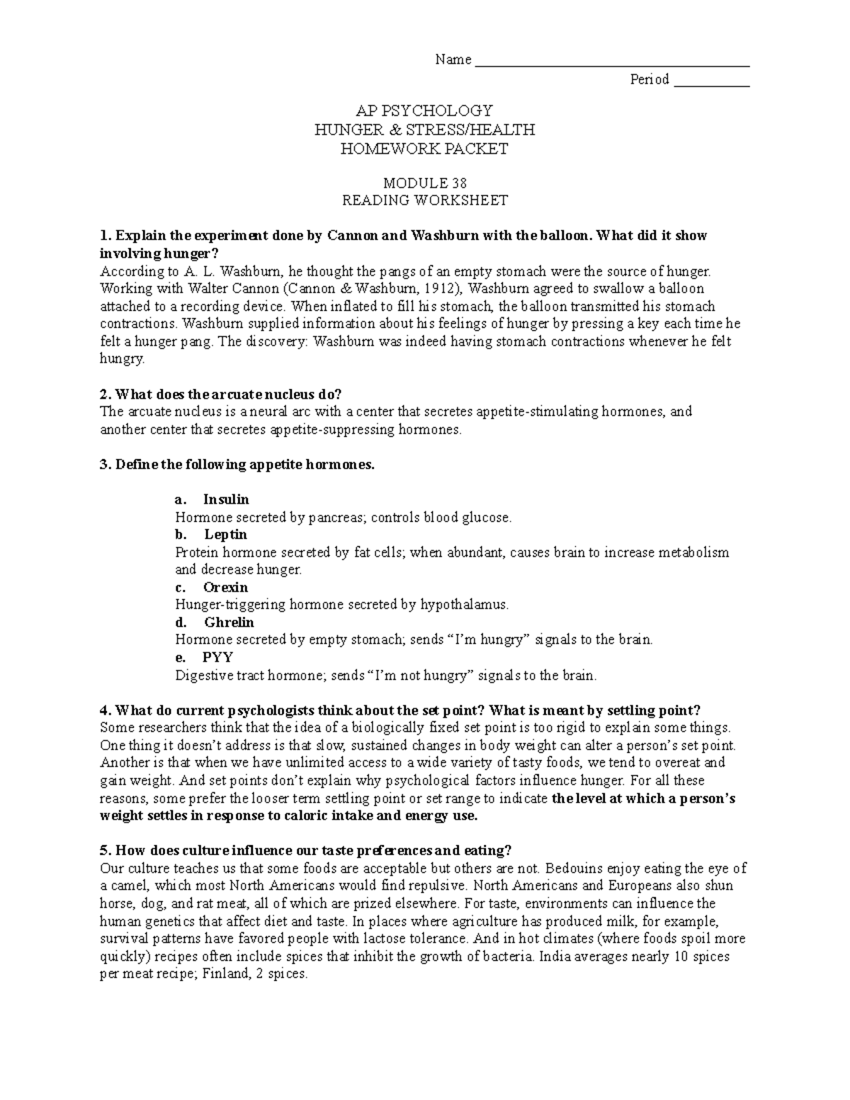AP Psych Hunger Stress & Health Module Packet 23-24 - Name