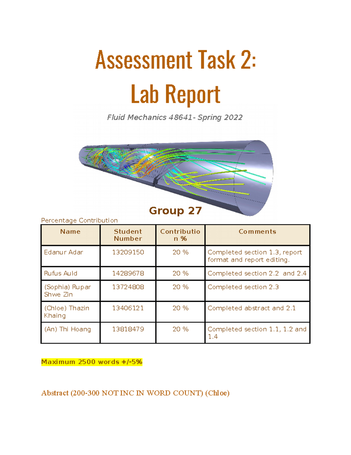 Fluid Mechanics AT2 Lab Report - Assessment Task 2: Lab Report Fluid Mechanics 48641- Spring ...