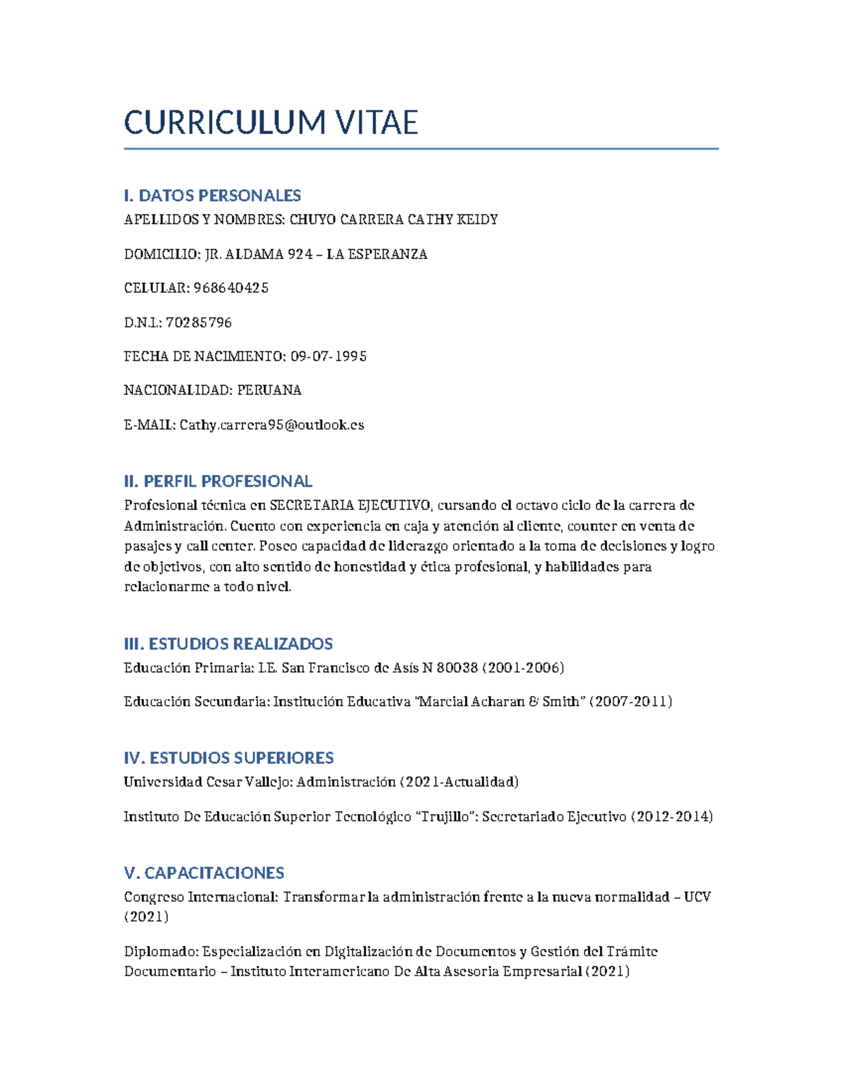 Final CV Cathy Chuyo - GHOLA - CURRICULUM VITAE I. DATOS PERSONALES ...