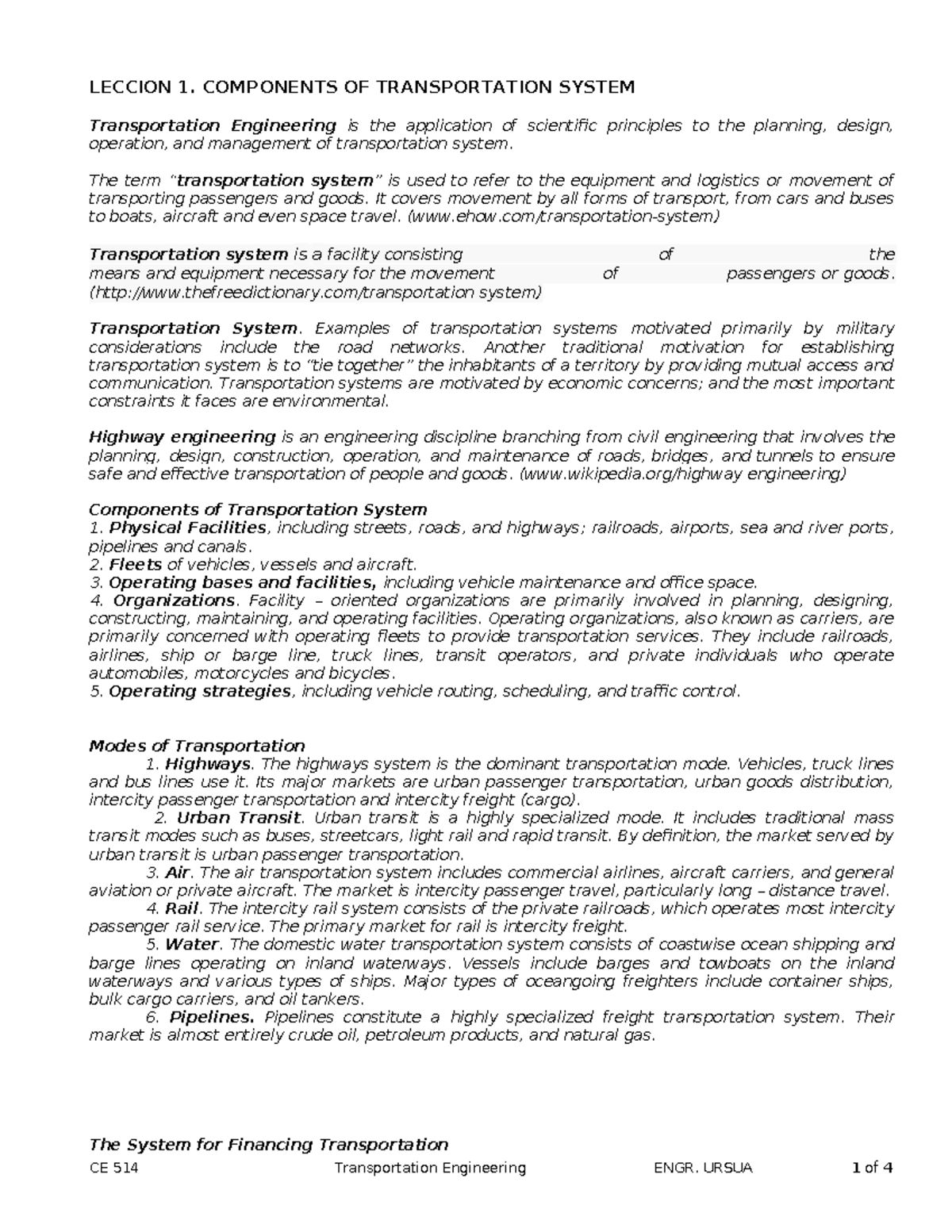 I.- Introduction - Transportation Engineering - LECCION 1. COMPONENTS ...